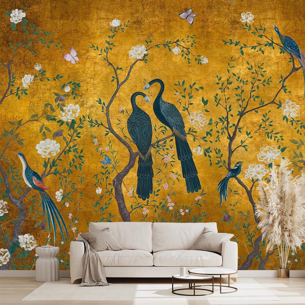 Amazon.com: WXHFM - Golden Chinese Style Flowers Birds Wallpaper ...