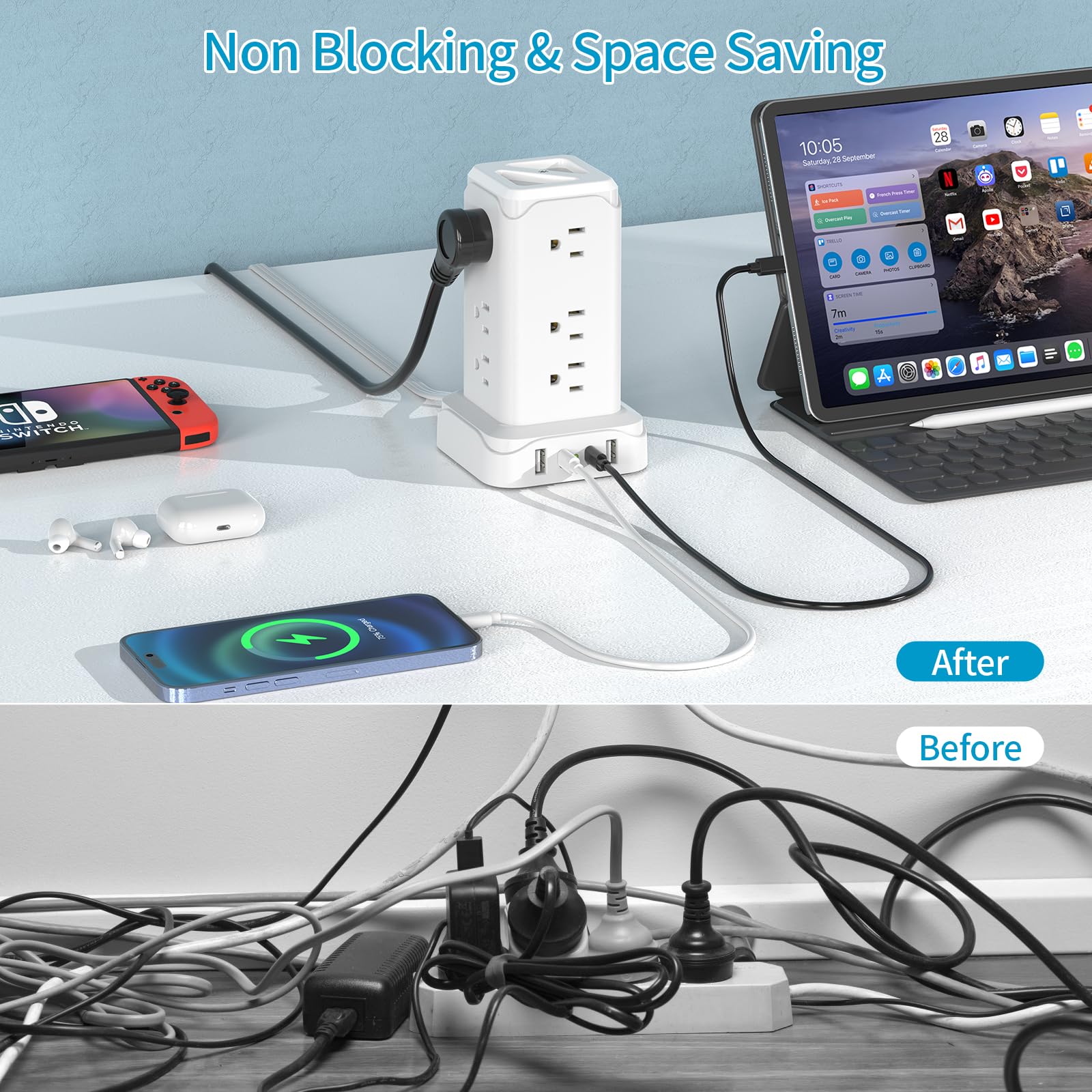 20W USB C Power Strip Tower with Night Light, Surge Protector Power ...