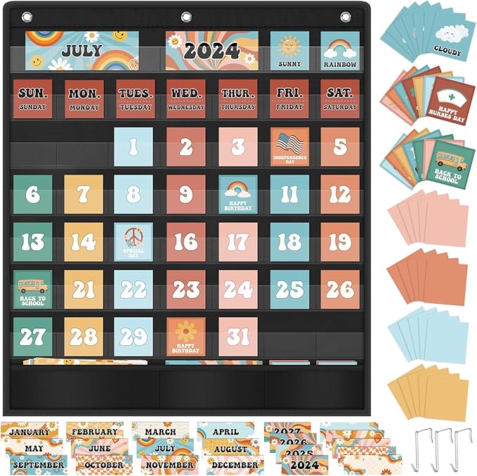 Amazon.com: Retro Classroom Calendar Pocket Chart for Kids Learning ...