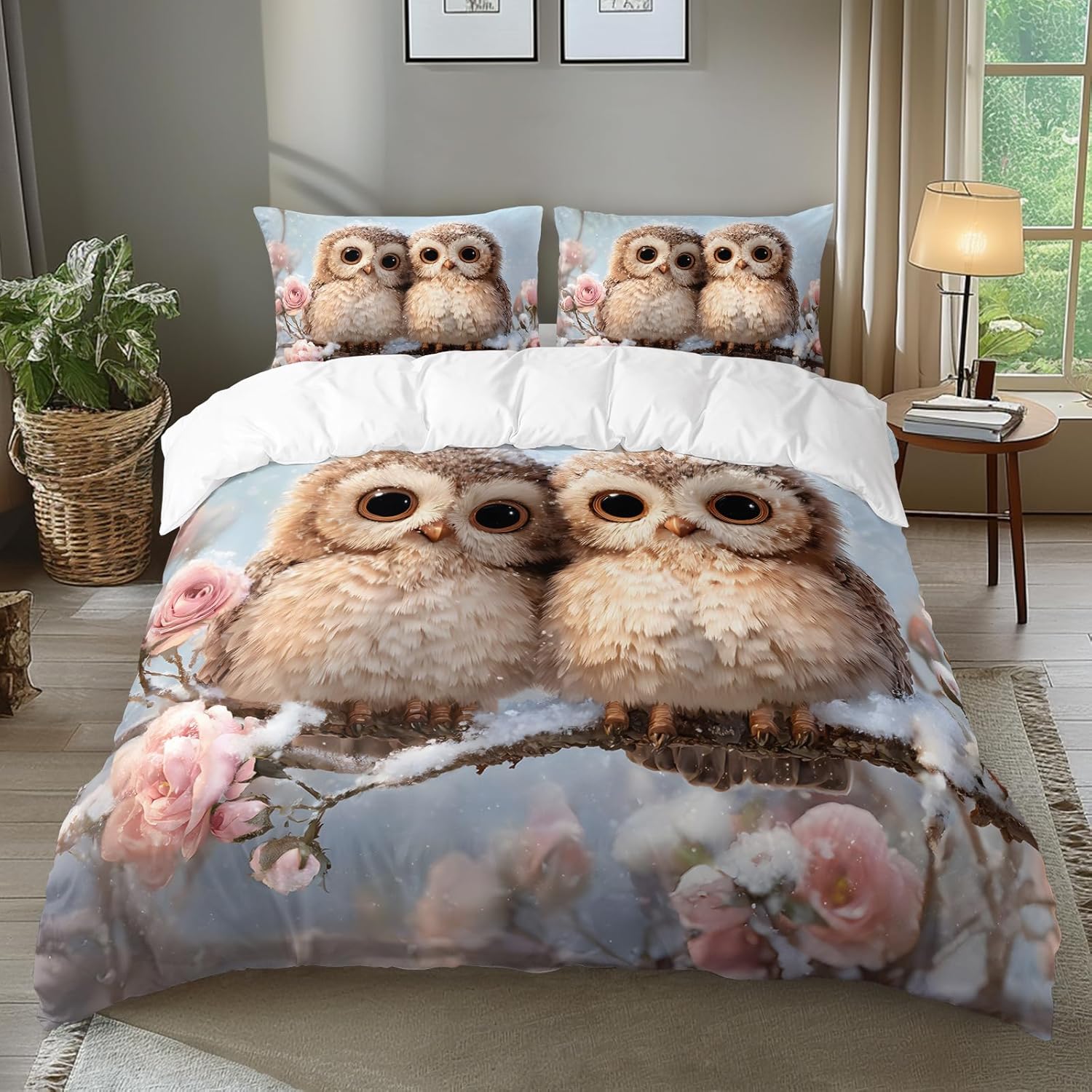 Amazon.com: AILONEN Cute Owl Duvet Cover Set Twin Size,Winter Snow Bird ...