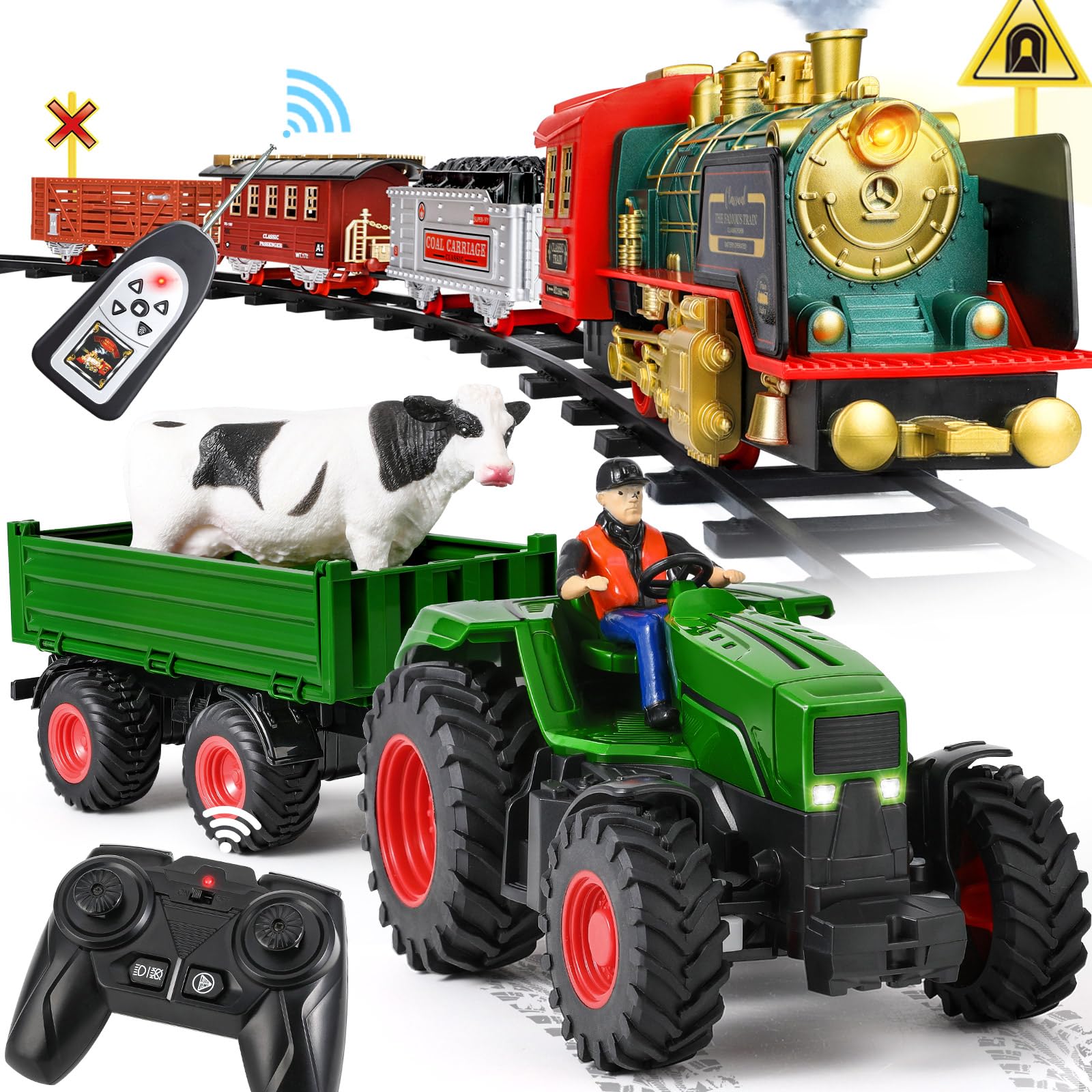 Amazon.com: FRUSE Remote Control Train&Tractor Set,RC Tractor Set w/ 2 ...