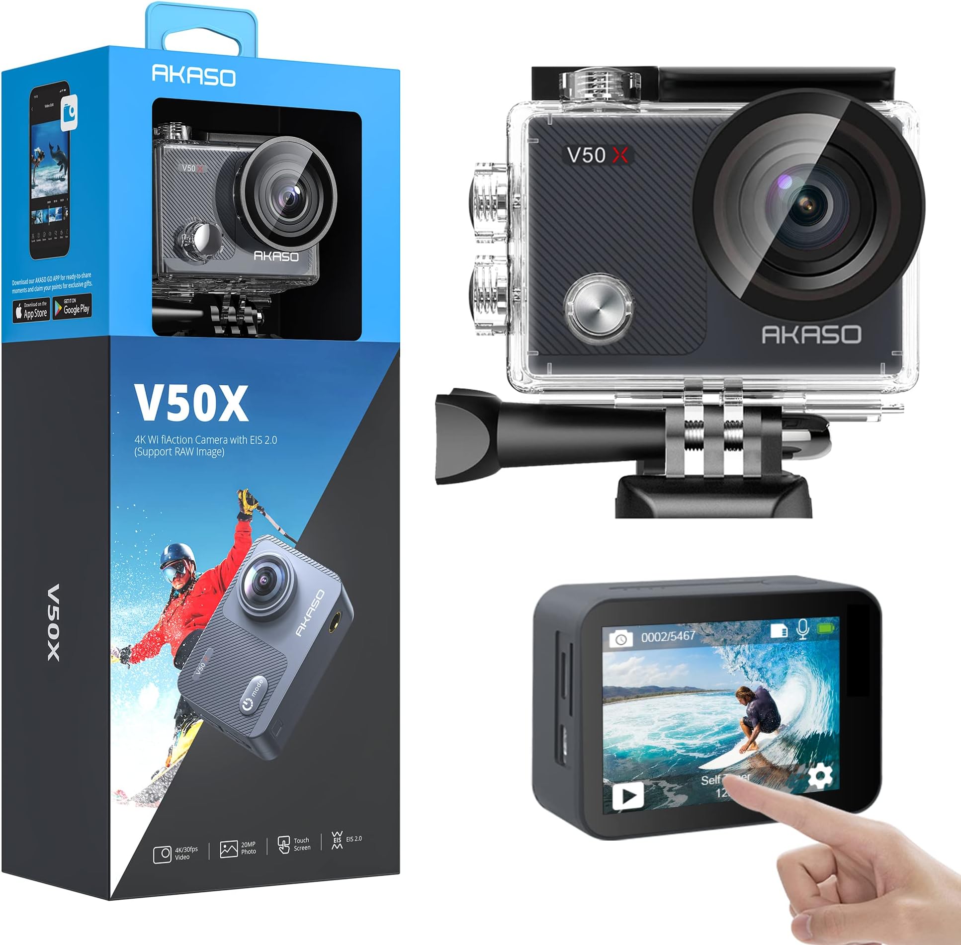 AKASO V50 X Action Camera, Native 4K Wifi Underwater 40M EIS Anti-Shake ...
