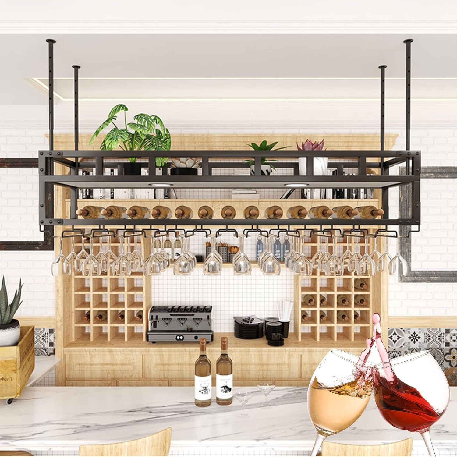 Amazon.com: Hanging Wine Rack with Light Floating Bar Shelves Liquor ...