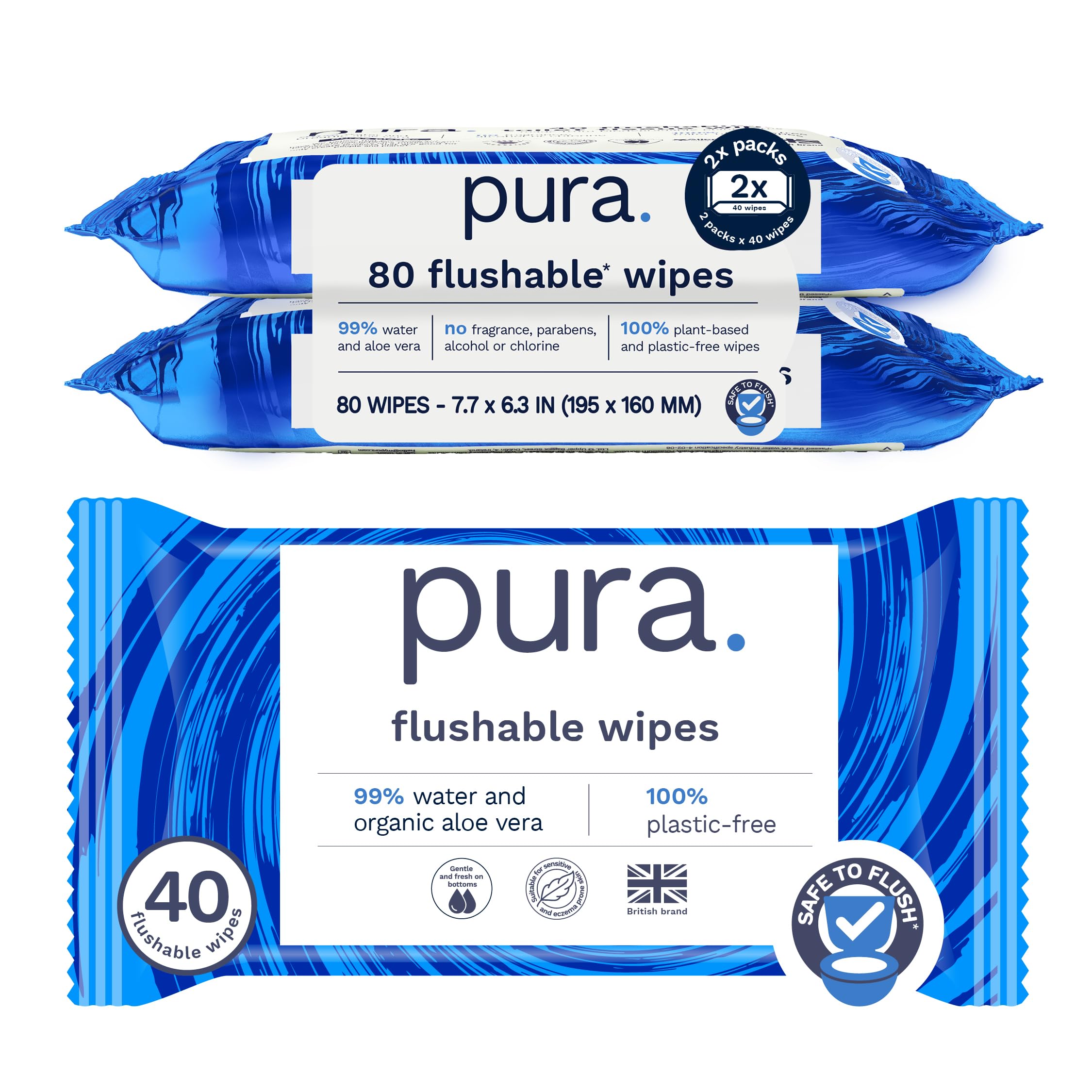 Amazon.com: Pura Adult Flushable Unscented Wipes, 2 Packs of 40 Toilet ...