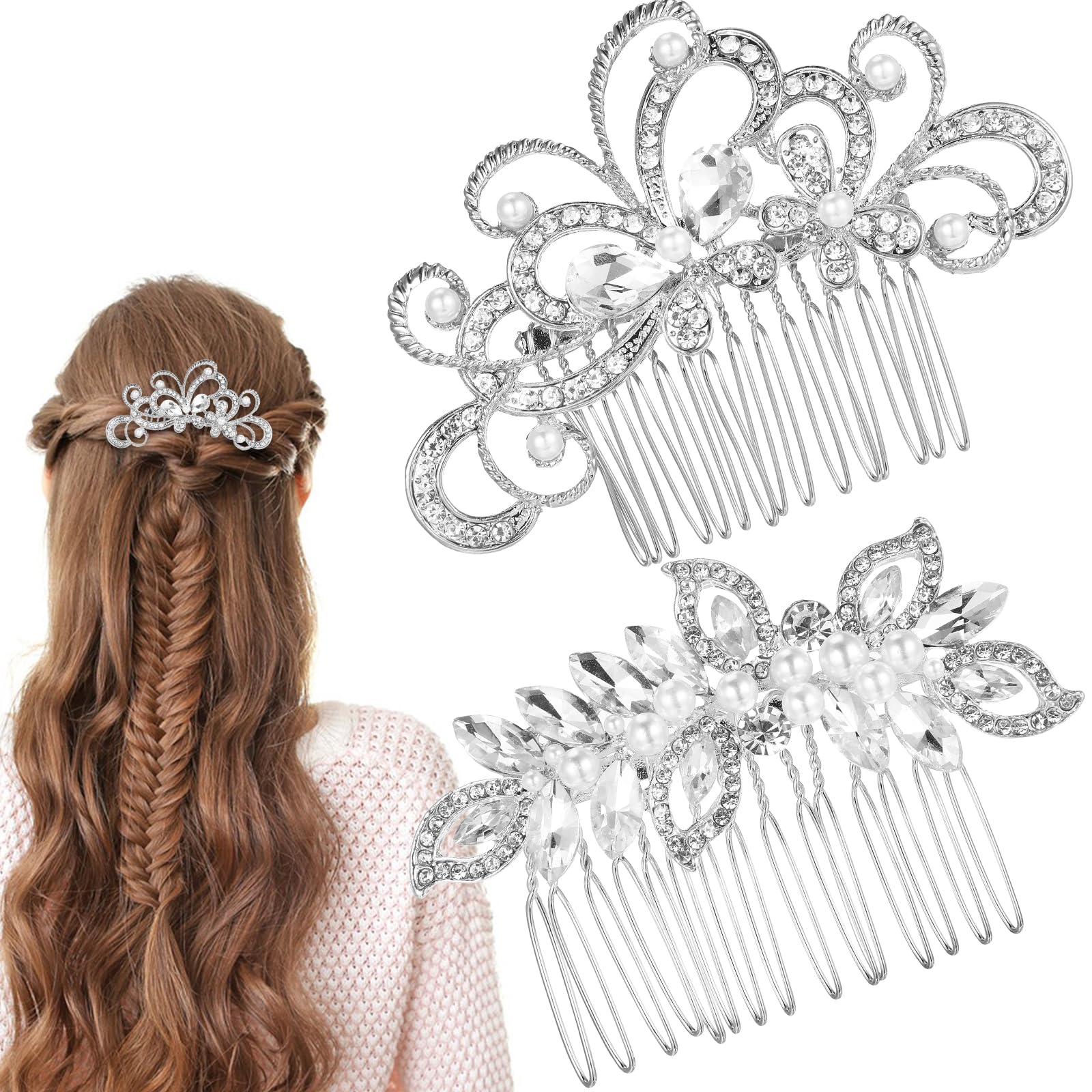 Amazon.com : Yuanchu 2Pcs Silver Rhinestone Hair Combs, Metal Leaf Hair ...