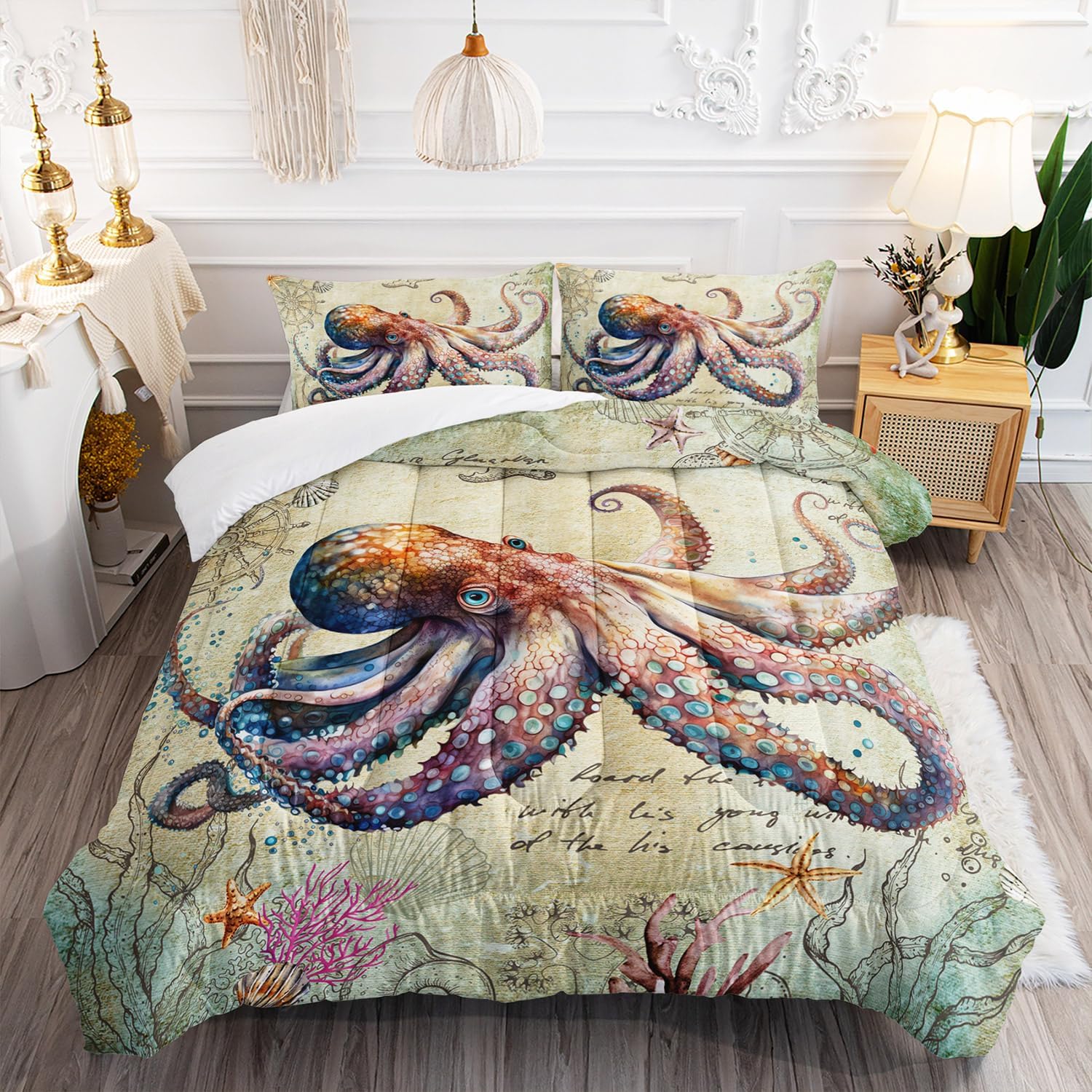 Amazon.com: XYNHML Retro Octopus Comforter Set Twin Size 3Pcs Nautical ...