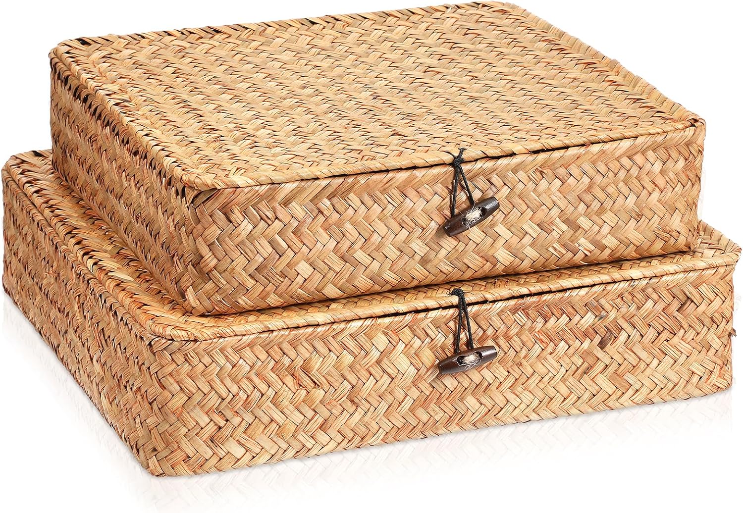 Amazon.com: Set of 2 Flat Wicker Shelf Baskets with Lid, 2 Sizes Boho ...