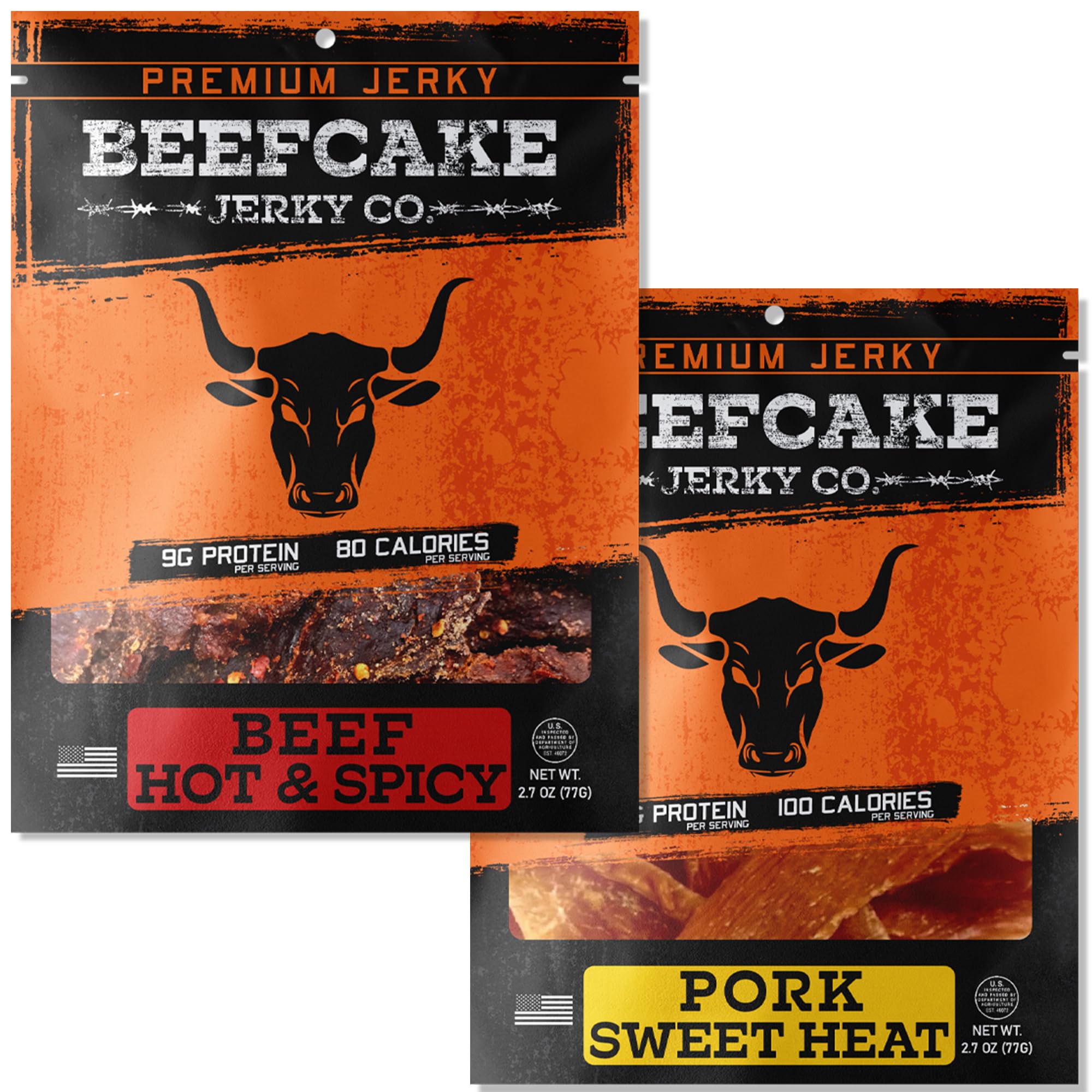 Amazon.com: BEEFCAKE Jerky Spicy Duo- Beef Jerky Sweet Heat Pork & Hot Spicy Beef Meat Snacks, 9 ...