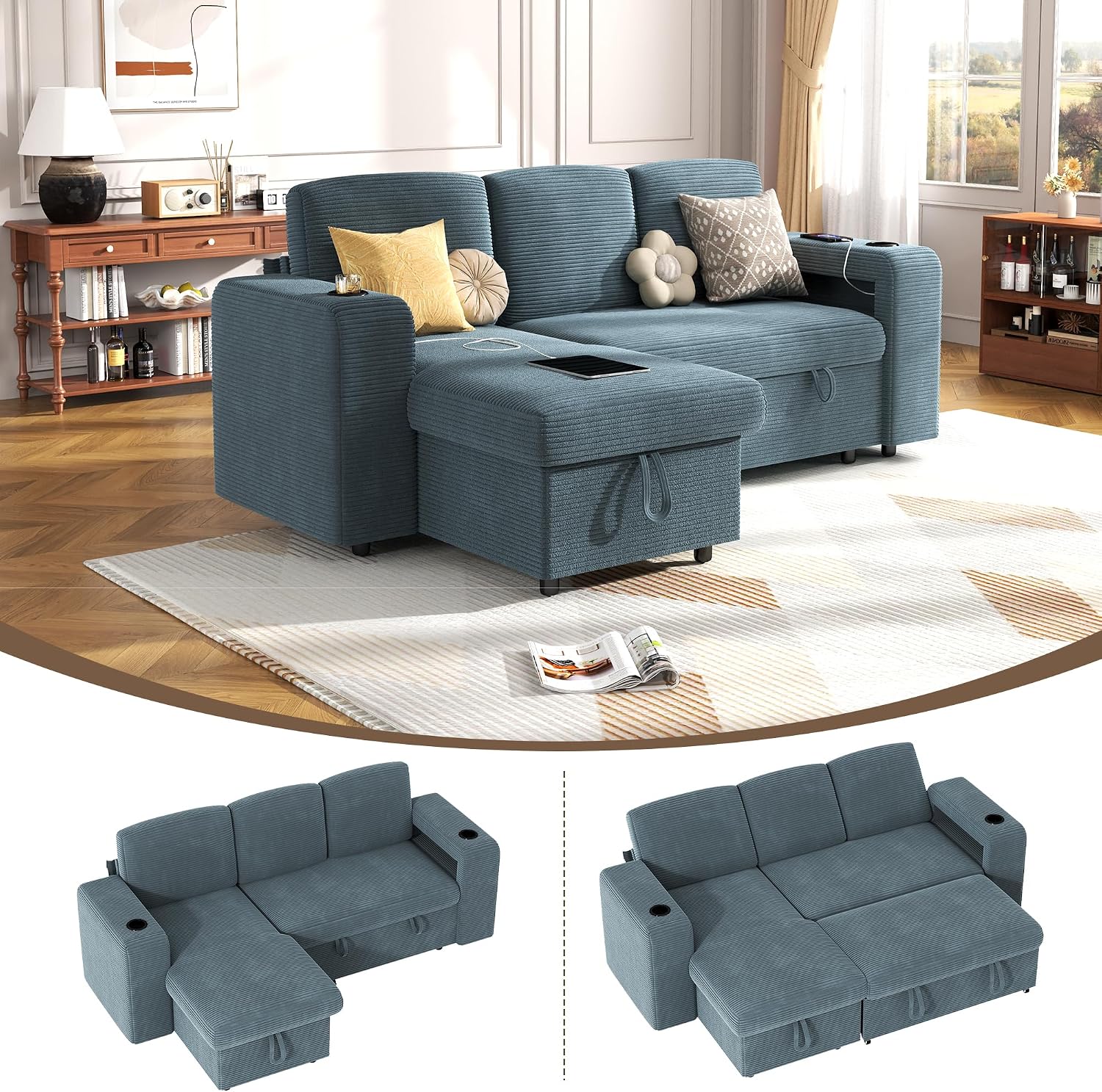 Amazon.com: wanan Sectional Sleeper Sofa with Pull Out Couch Bed, 3 ...