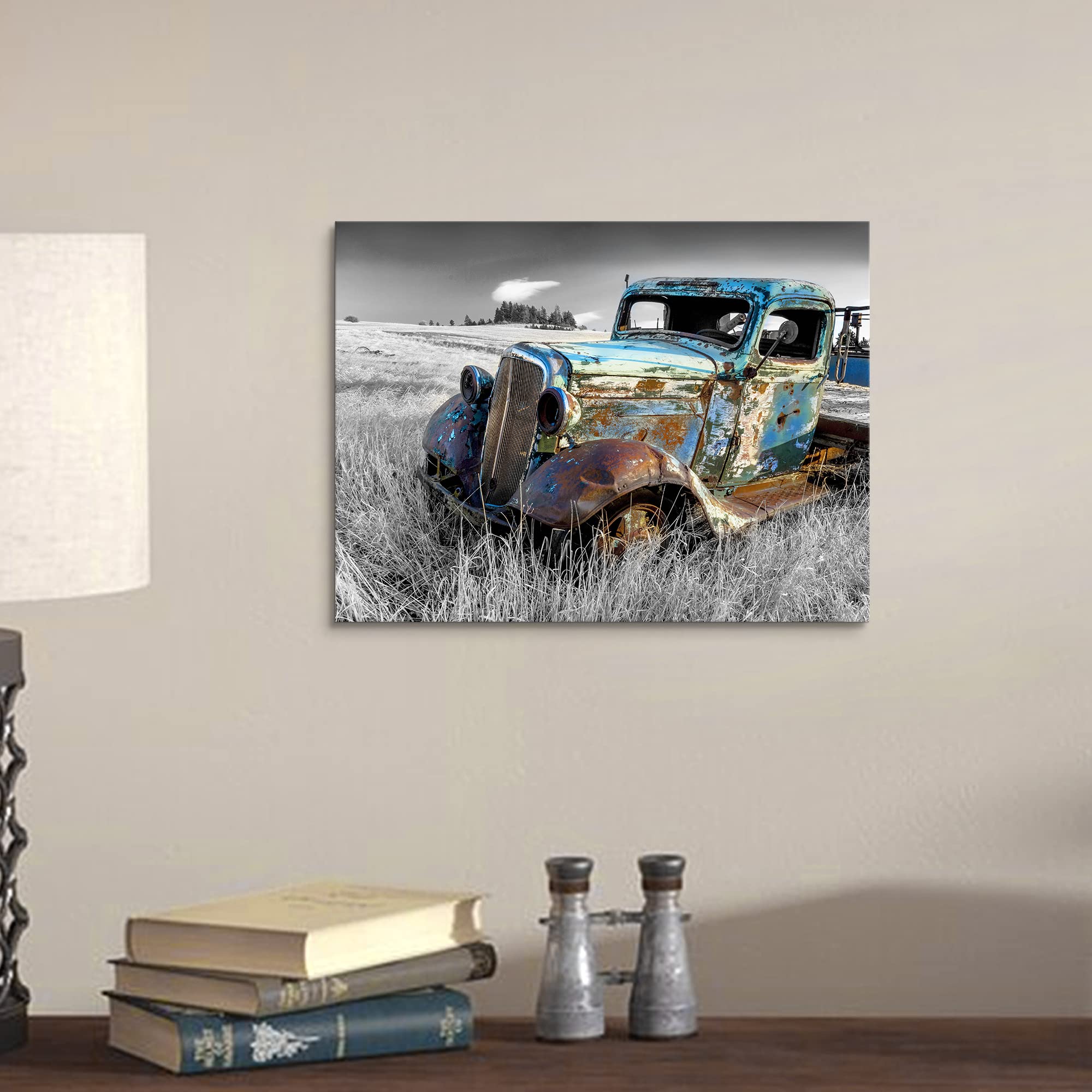Rusty Car Canvas Wall Art: Old Blue Truck Artwork Rustic Automobile ...