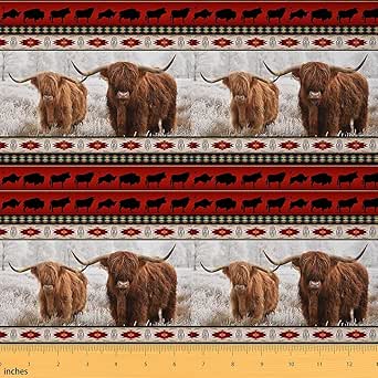 Amazon.com: Highland Cow Fabric by The Yard,Ethnic Tribe Longhorn Bull ...