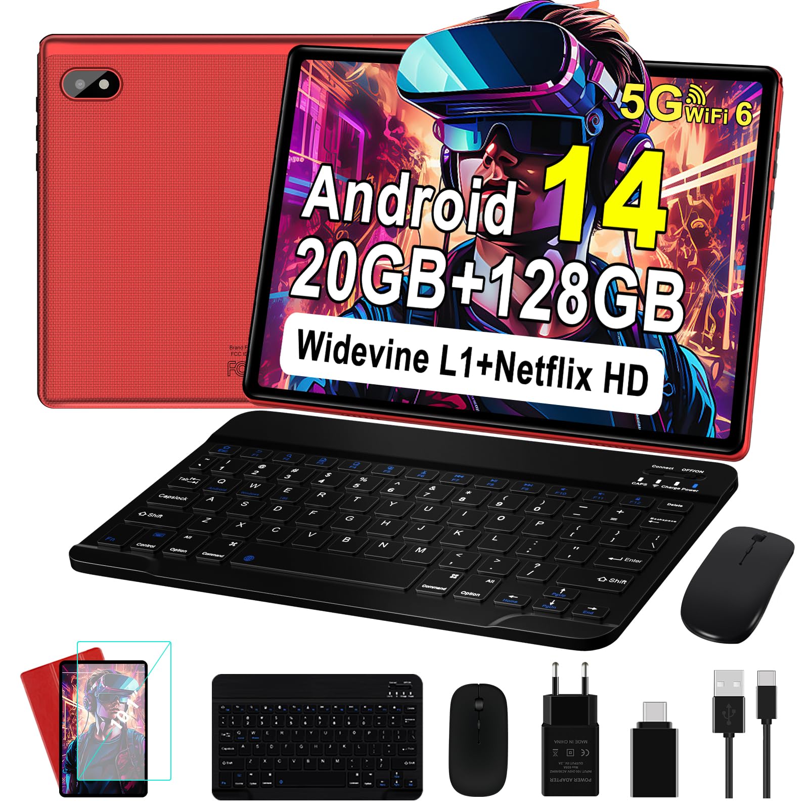 Tablet Android 14 Tablet 10 Pollici 20GB RAM+128GB ROM (TF 1TB), 5G+2.4G WiFi 6, Tablet Widevine ...