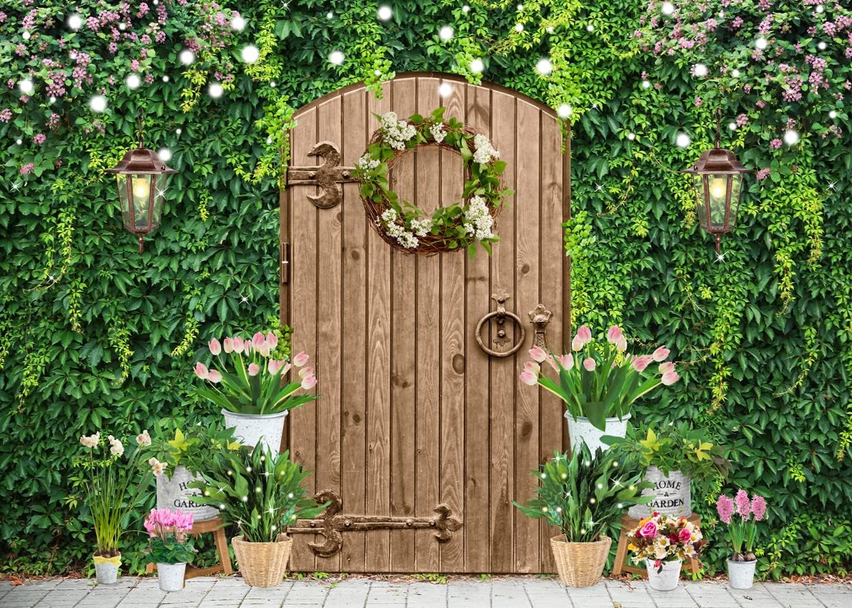 Amazon.com : LYWYGG 7x5FT Green Leaves Photography Backdrops Wood Door ...