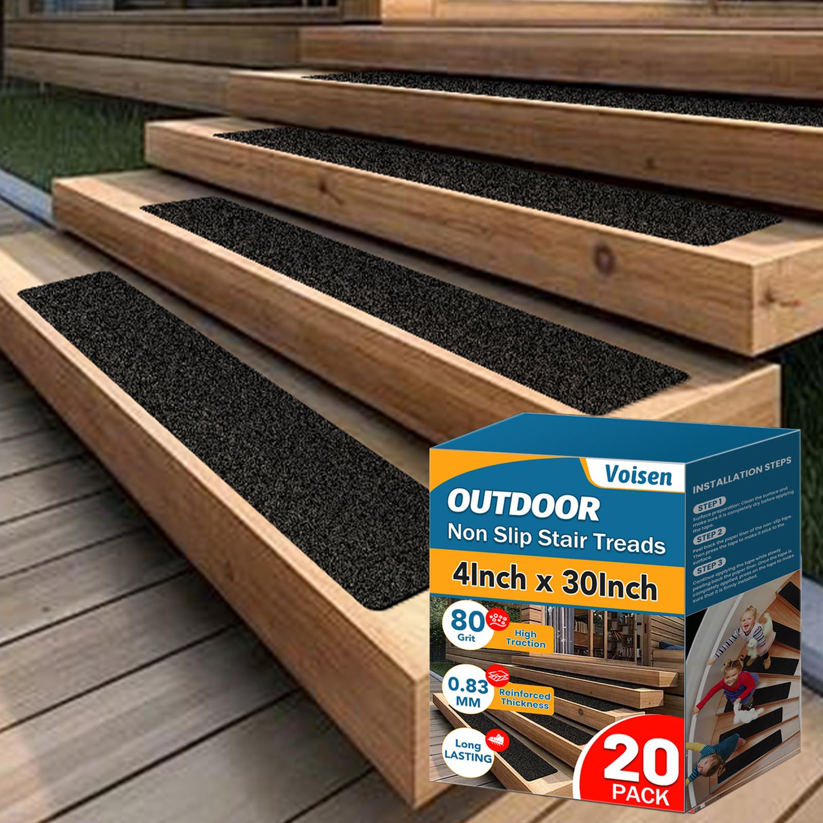 Snapklik.com : Outdoor Stair Treads, 4" X 30" 20 Pack Pre-Cut Non Slip ...