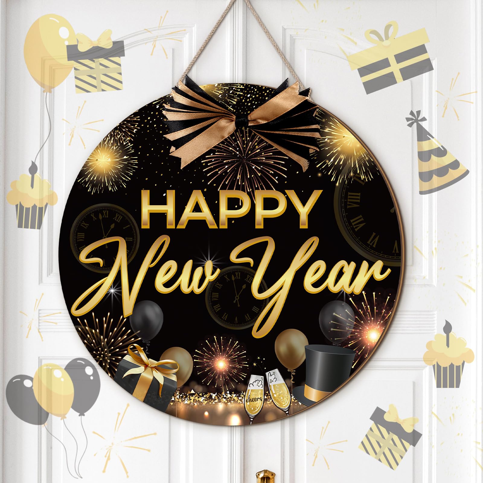 Amazon.com: Moucuny Happy New Year Front Door Sign Black Gold Wreaths ...