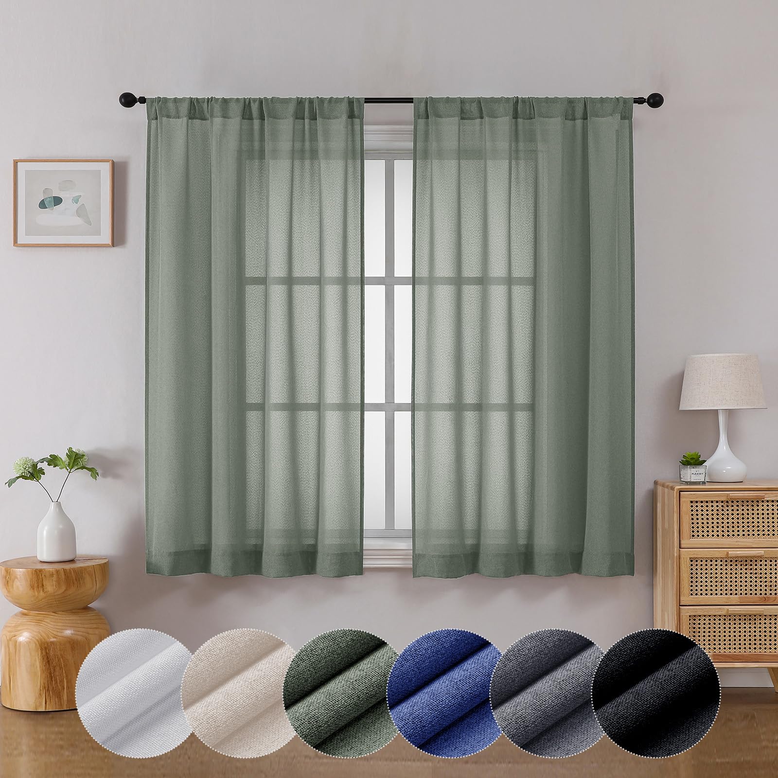 Amazon.com: Lecloud Serena Sage Green Semi Sheer Curtains 54 Inch ...