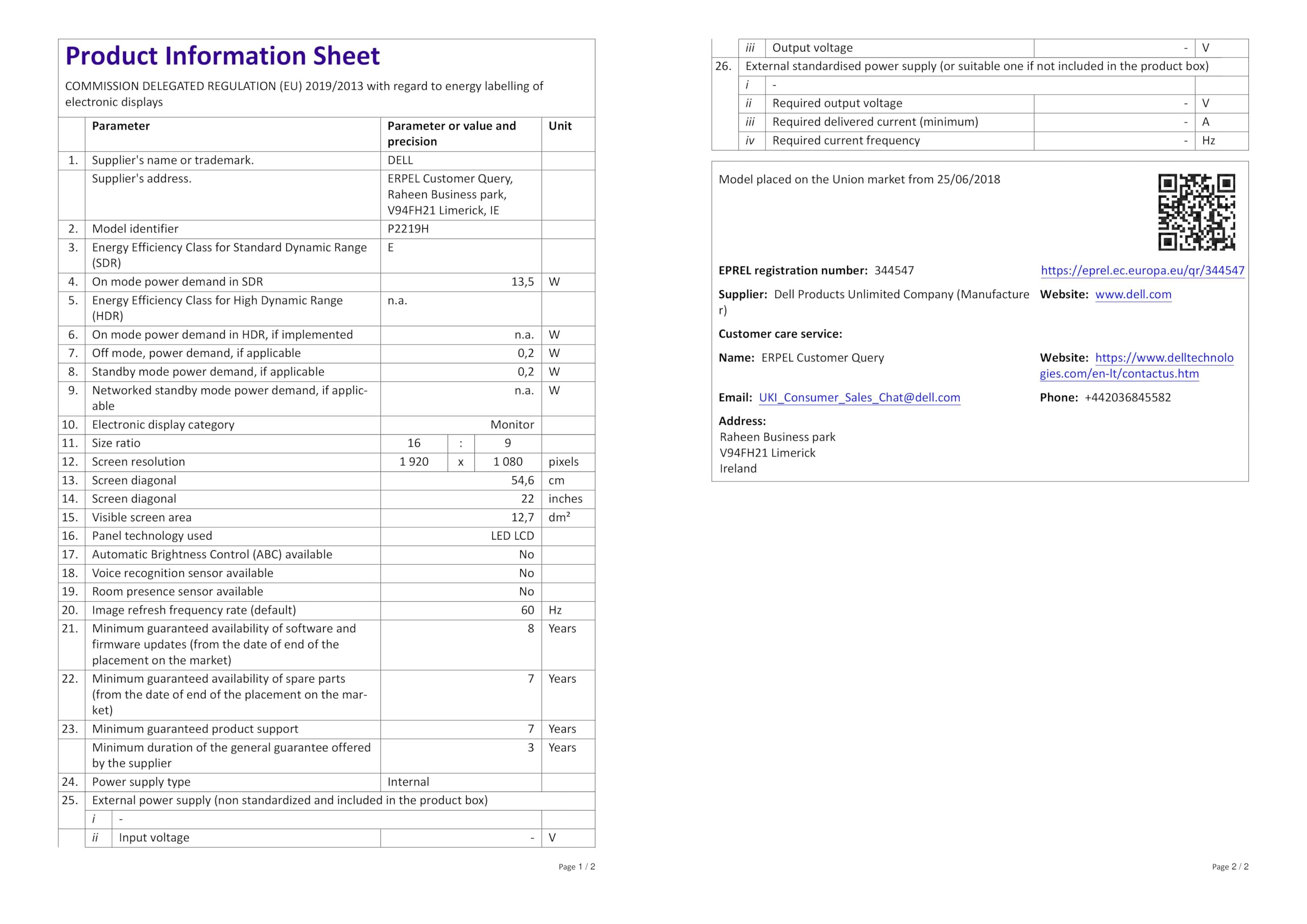 Dell P2219H 21.5 Inch Full HD (1920x1080) Monitor, 60Hz, IPS, 5ms ...