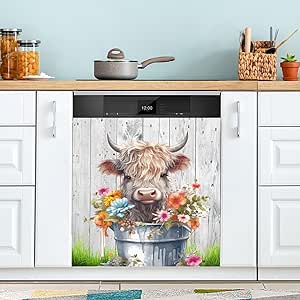 Amazon.com - Cute Happy Highland Cow with Flowers Dishwasher Magnet ...