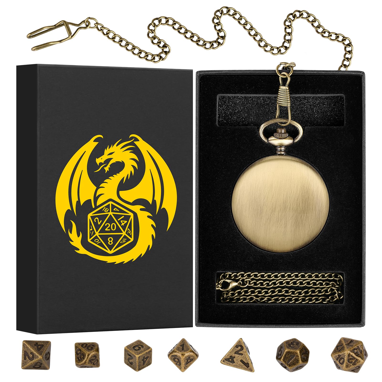 Mini DND Dice Set with Bronze Smooth Pocket Watch Shell Case, 7pcs ...