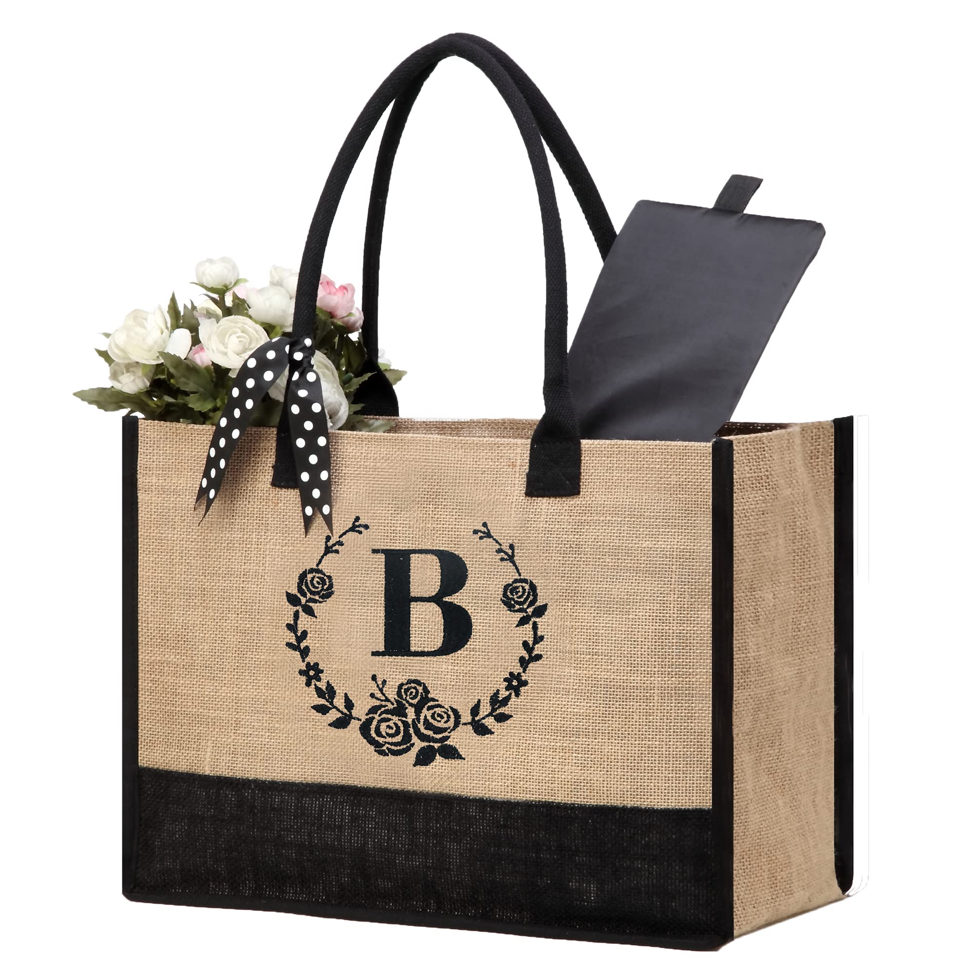 BeeGreen Initial Jute Beach Tote Bags with Inner Zipper Pocket ...