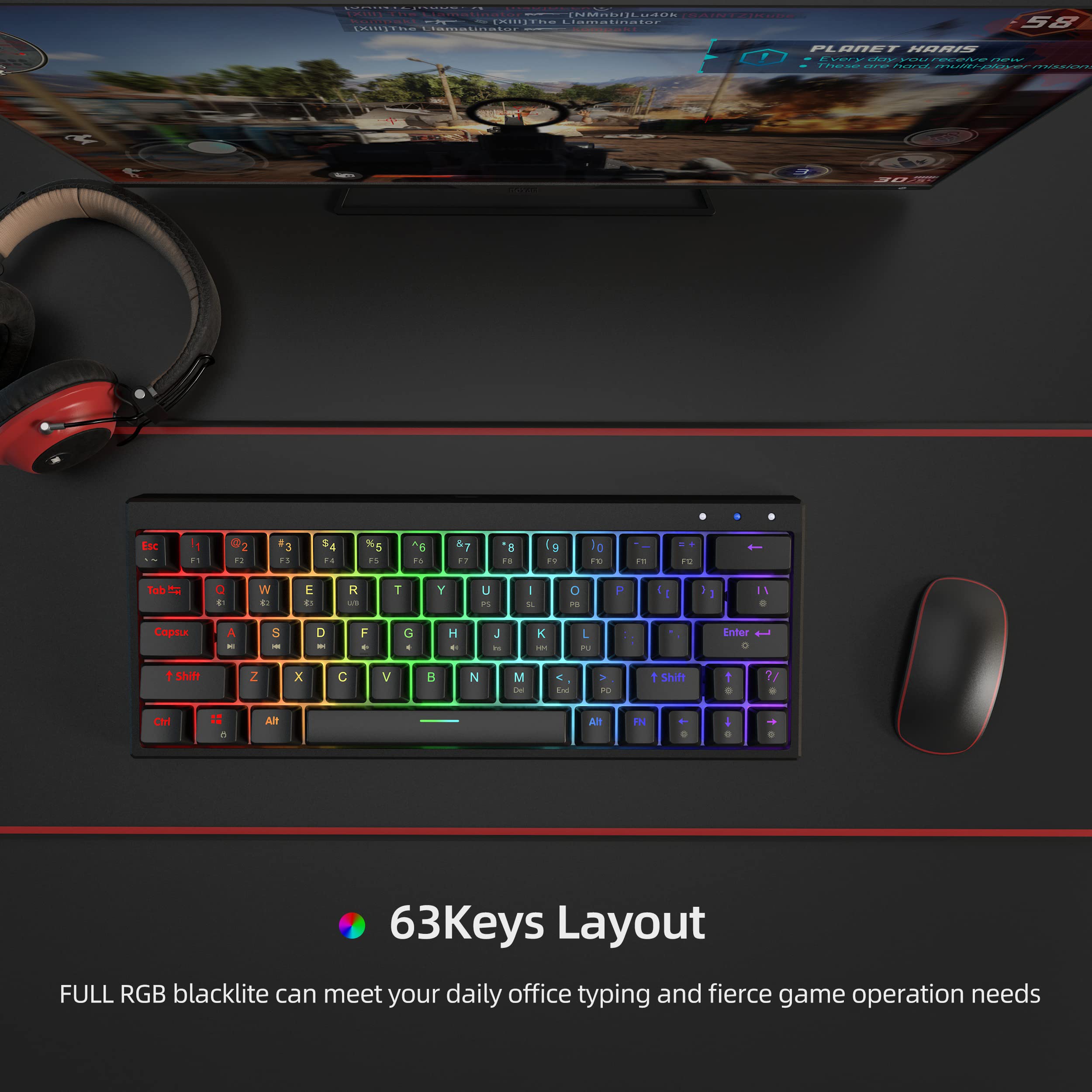 Ractous RTK63B 60% Wireless Mechanical Gaming Keyboard,RGB Blacklit PBT ...