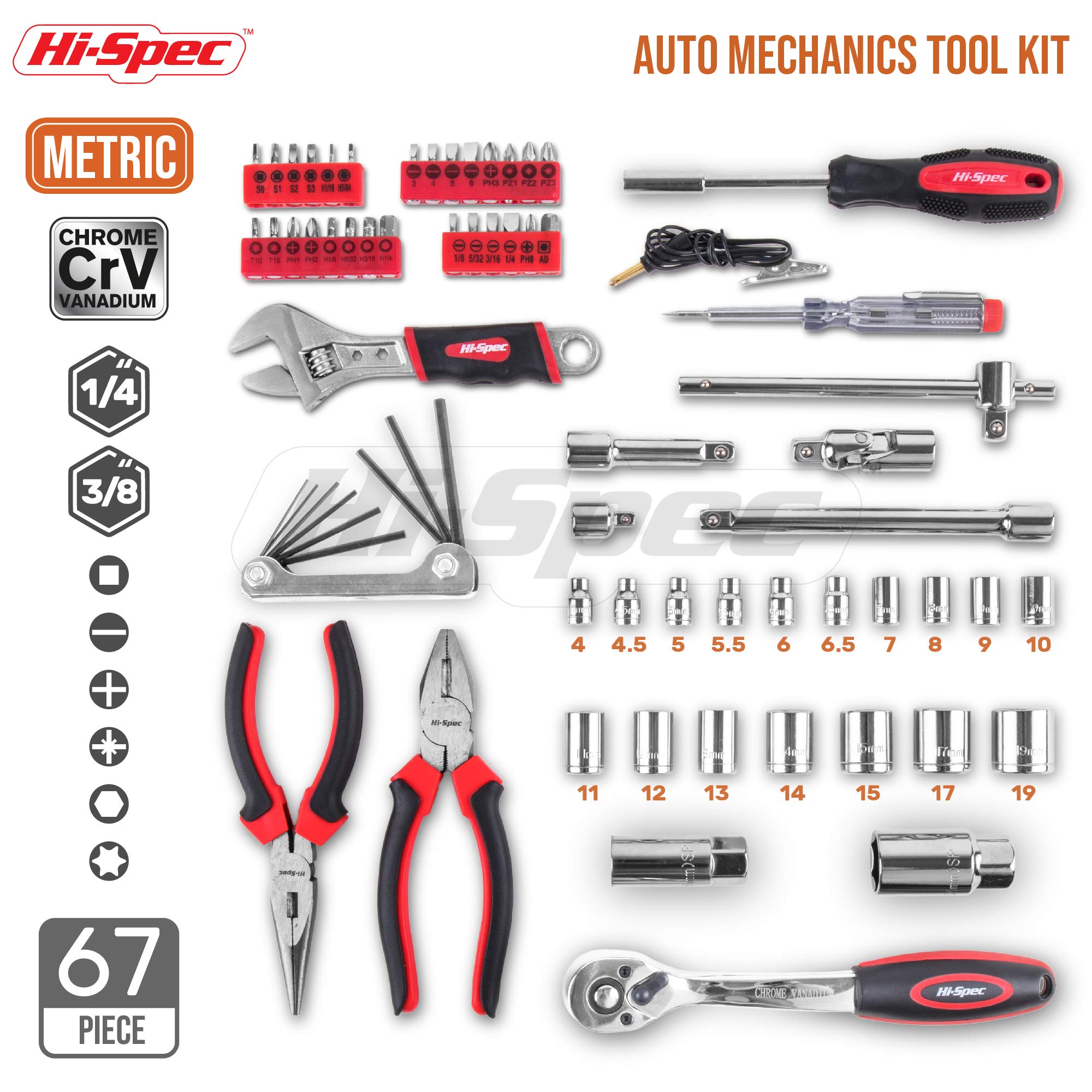 Hi-Spec Tools 67 Piece Auto Mechanics Tool Kit Set with Metric Sockets ...