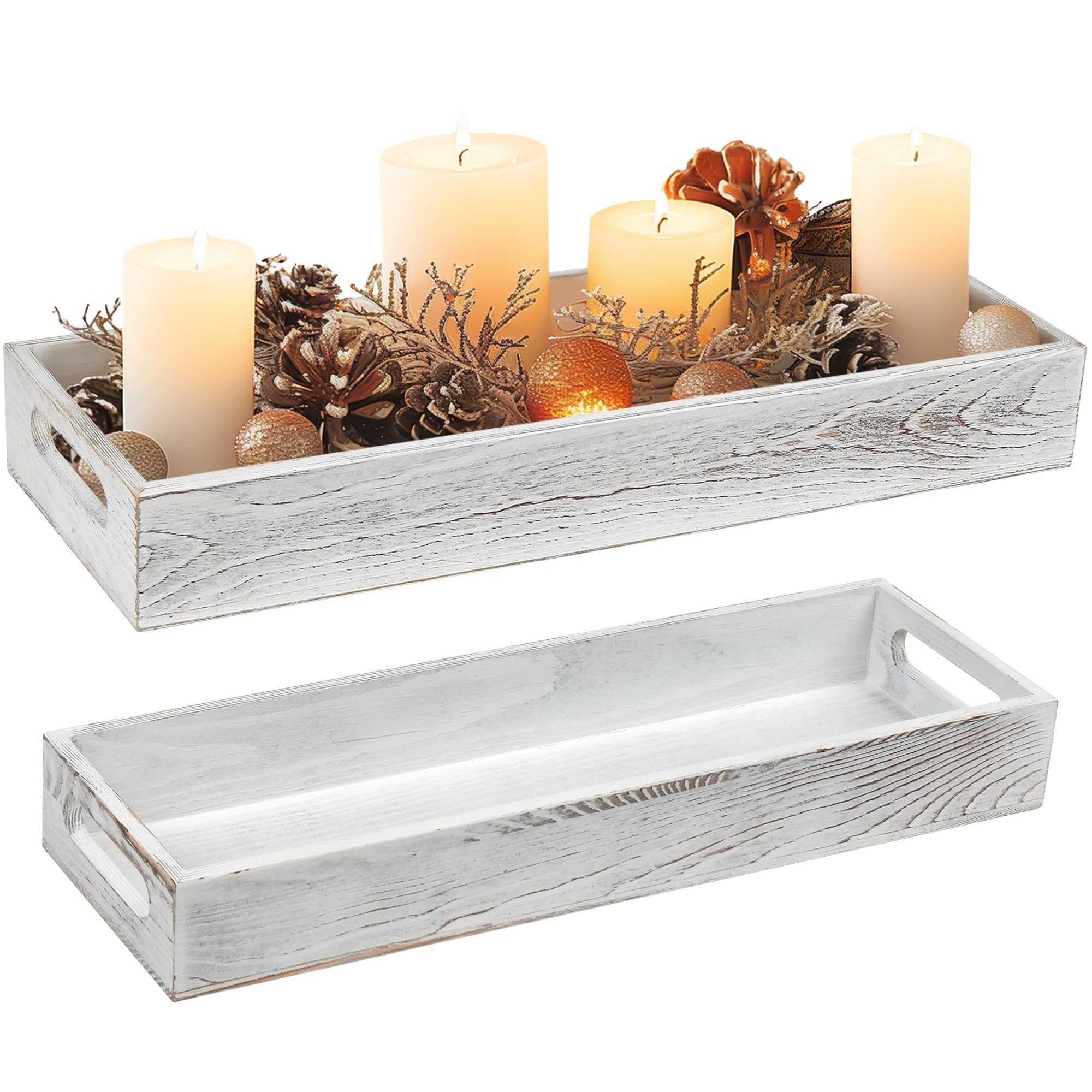 LotFancy Wooden Decorative Tray, Set of 2, Rustic Centerpiece Tray for ...