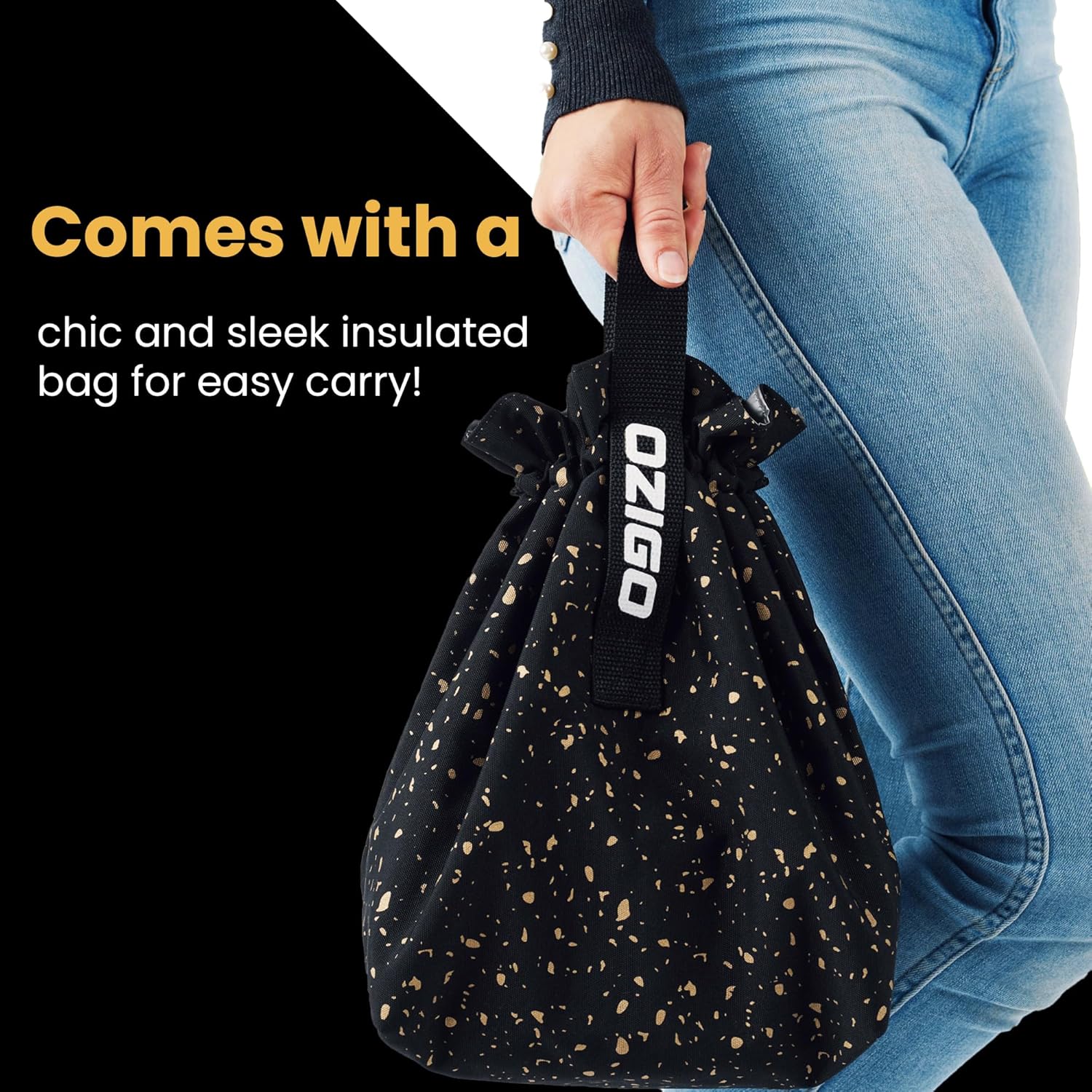 OZIGO Lonchera negra prémium para mujeres con contenedores, lonchera para mujer, lonchera para ...