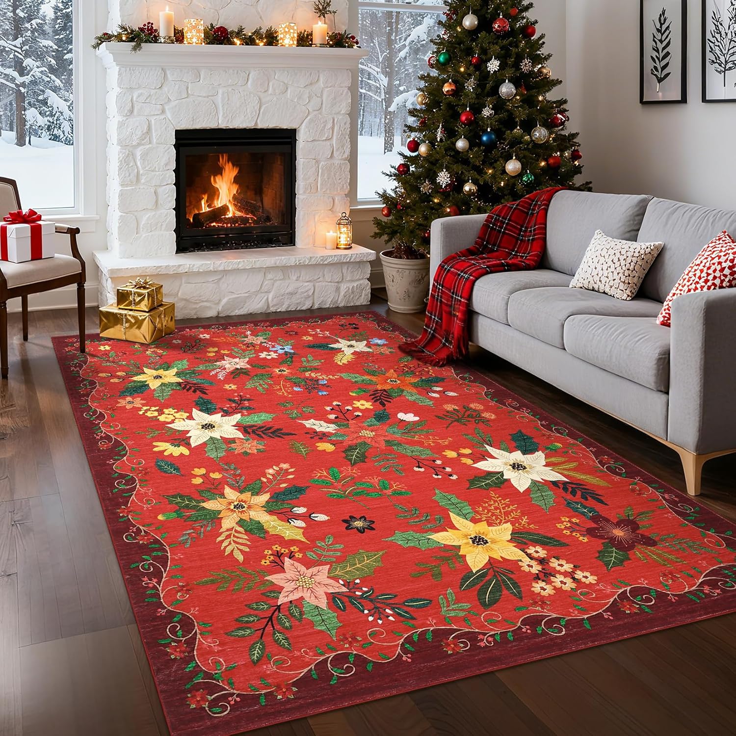 Amazon.com: GarveeHome Christmas Red 3x5 Floral Area Rug for Living ...