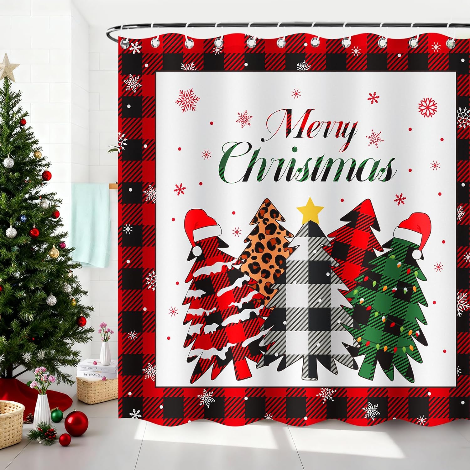 Amazon.com: LSYDCARM Merry Christmas Shower Curtain, Red Buffalo Plaid ...