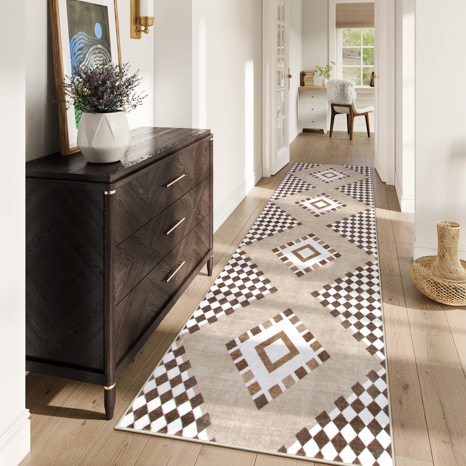 Amazon.com: Zealude Checkered Boho Bathroom Runner Rug Non Slip, 2.6x8 ...