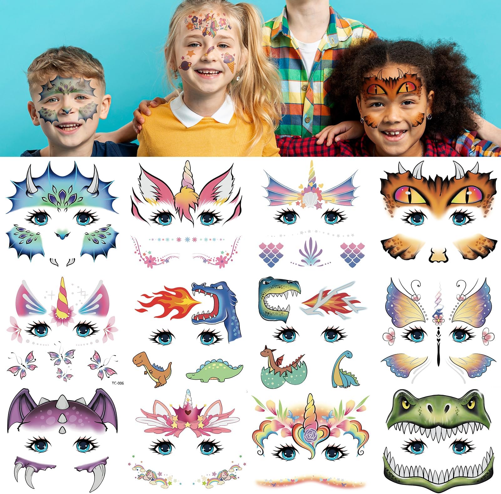 Amazon.com : EMOME 24 Sheets Face Tattoos for Kids, Dinosaur Mermaid ...