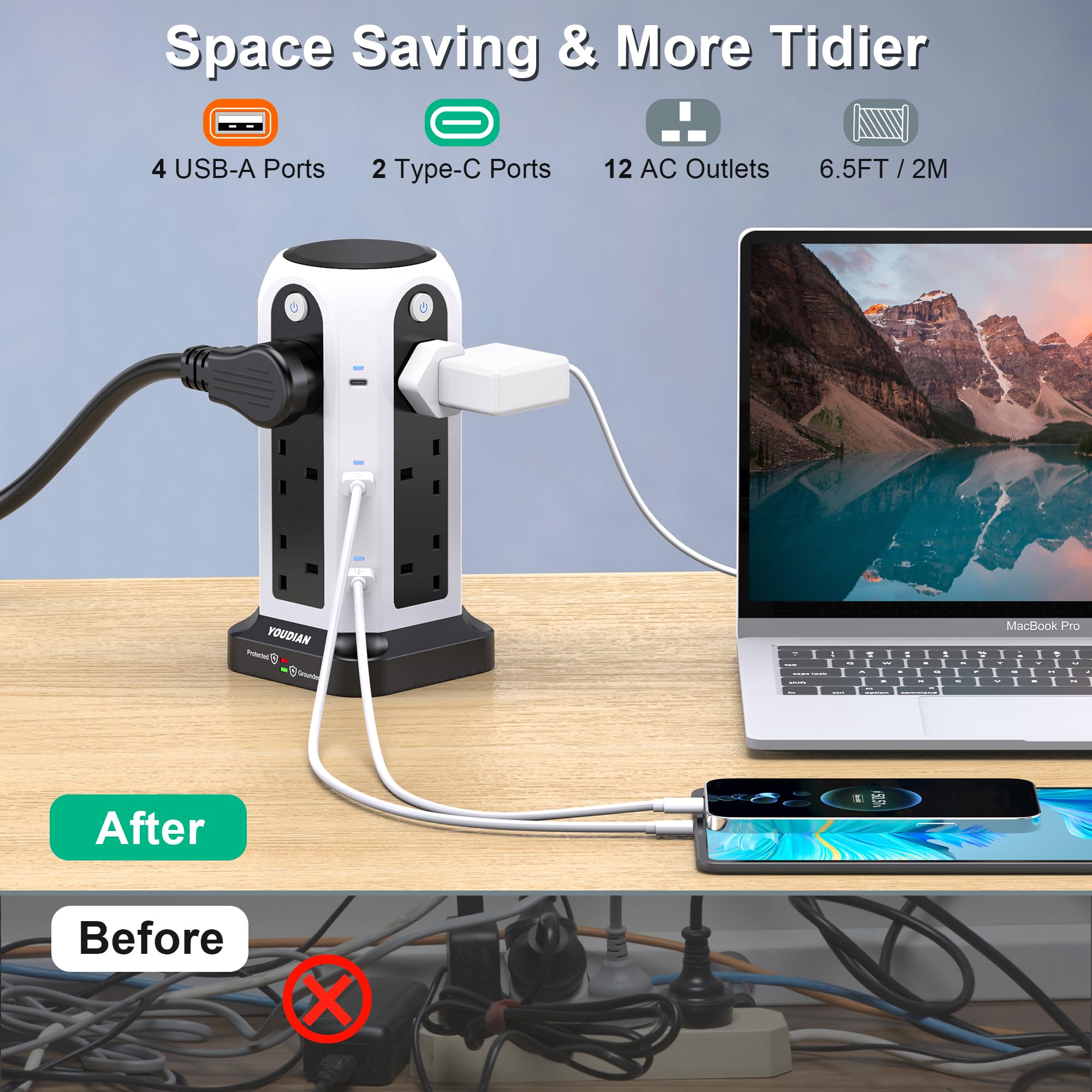 Tower Extension Lead with USB Slots,12 Way Multi Plug Extension Tower ...