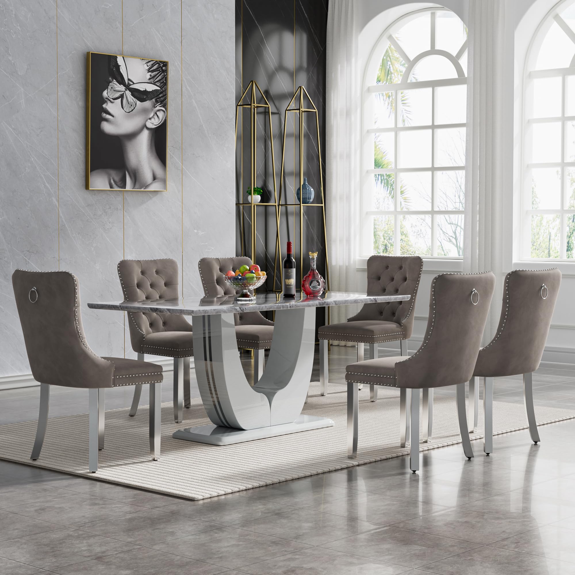 Amazon.com - Grey Marble Dining Table Set for 6, Modern Kitchen Table ...