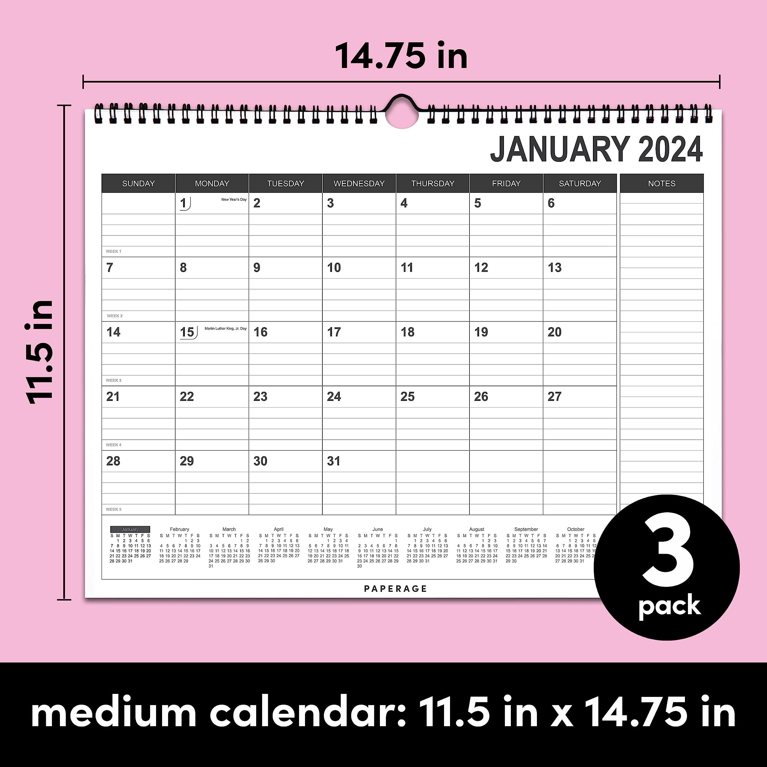 Snapklik.com : PAPERAGE Calendar 2024-12 Month, (Black & White), 3 Pack ...