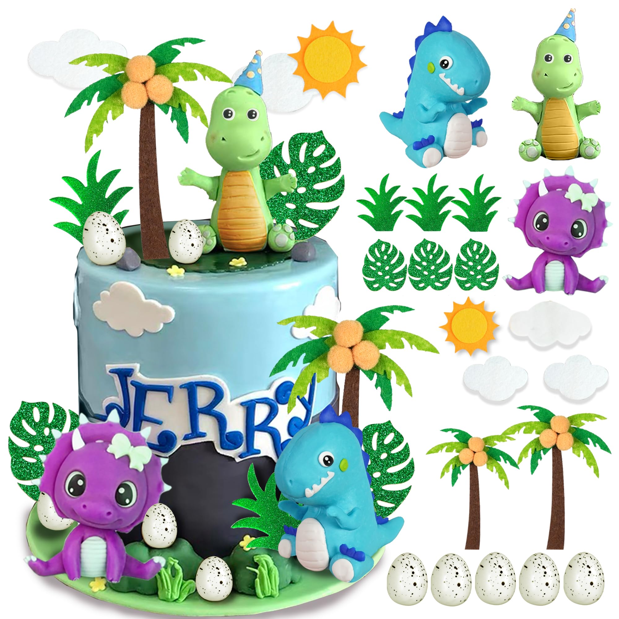 Amazon.com: Dinosaur Cake Toppers Clay Dinosaurs Palm Leaves Dinosaur ...