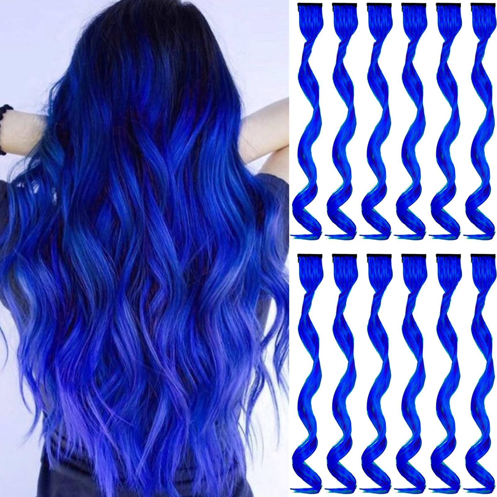Amazon.com : GPOVVIMX 12 PCS Blue Hair Extensions Clip in, Curly Wavy ...