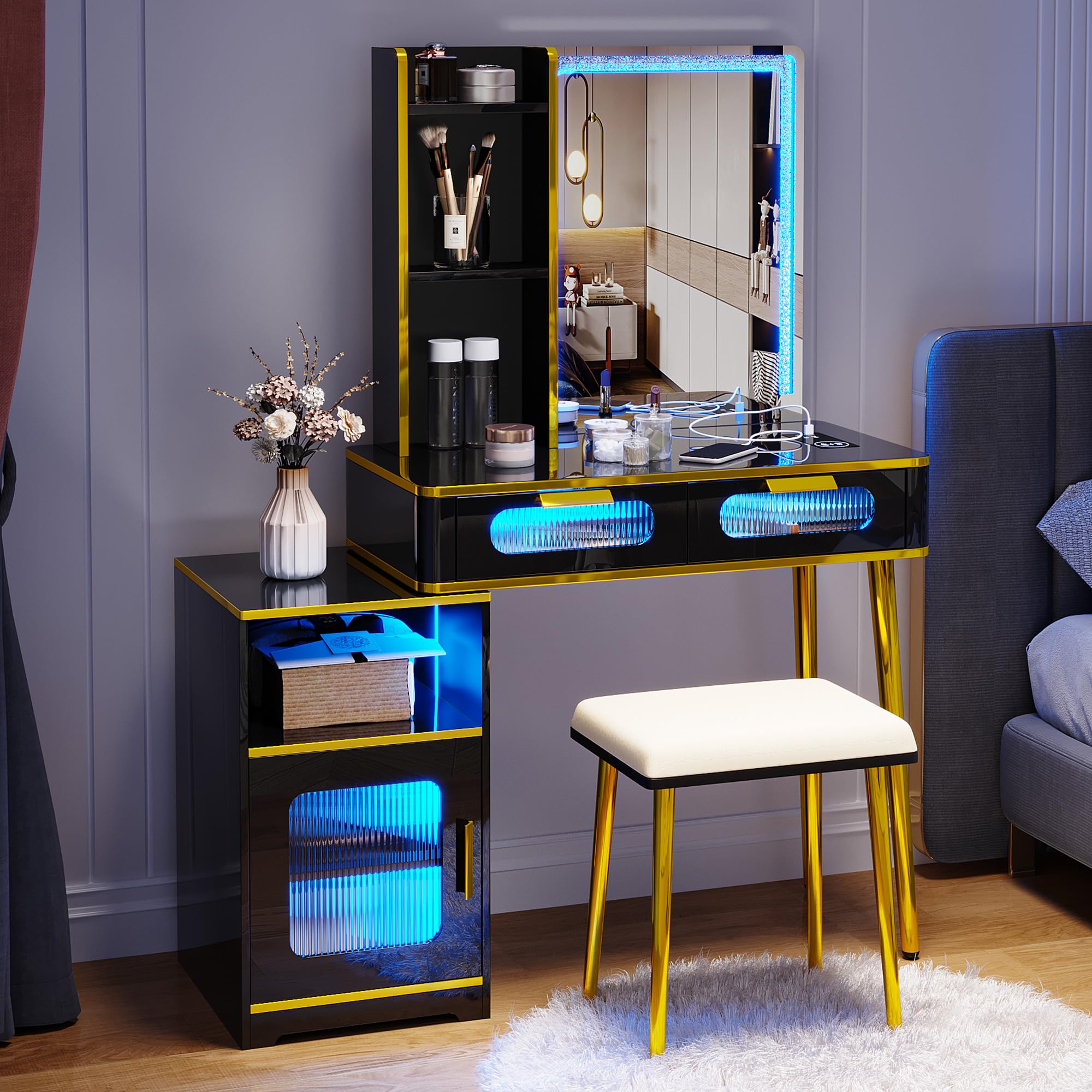 Amazon.com: vkcc Small Makeup Vanity with LED Lights and Mirror, Black ...