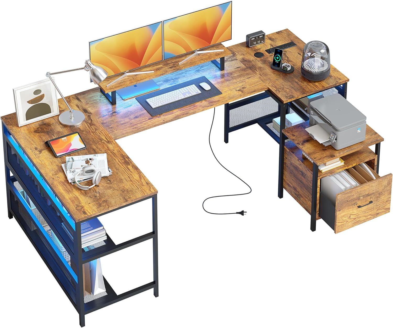 Amazon.com: WASAGUN U Shaped Desk with File Drawer, 82.6" U Shaped Desk ...