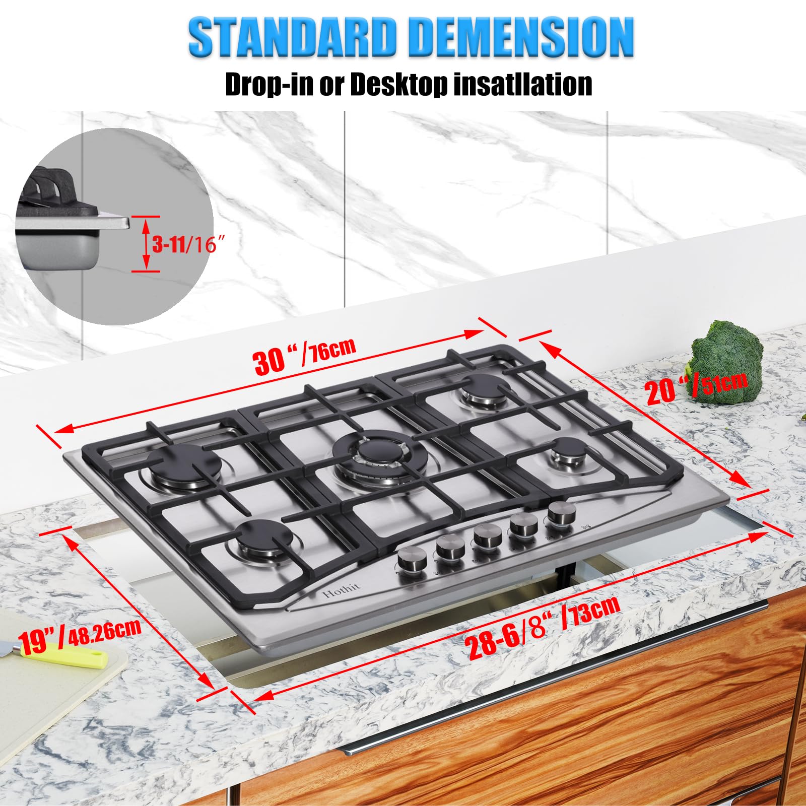 Snapklik.com : Hothit Propane Gas Cooktop 30" Inch, 5 Burner Built-in ...