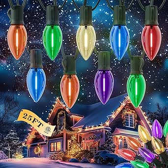 Kawaya Outdoor Christmas C9 LED Clear Tree Lights, 25ft 25 Bulbs Multi ...
