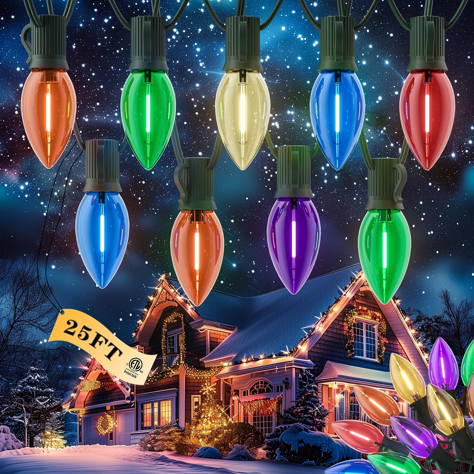Kawaya Outdoor Christmas String Lights: C9 LED Clear Tree Lights, 25ft ...