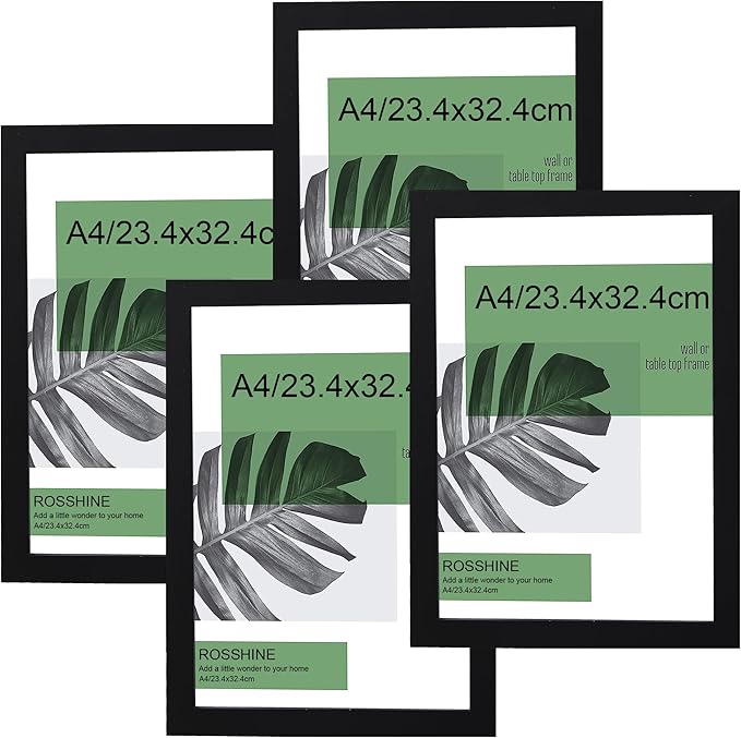 A4 Black Photo Frames with Mount for 8x6(15x20cm), 4pack Solid Wood A4 ...