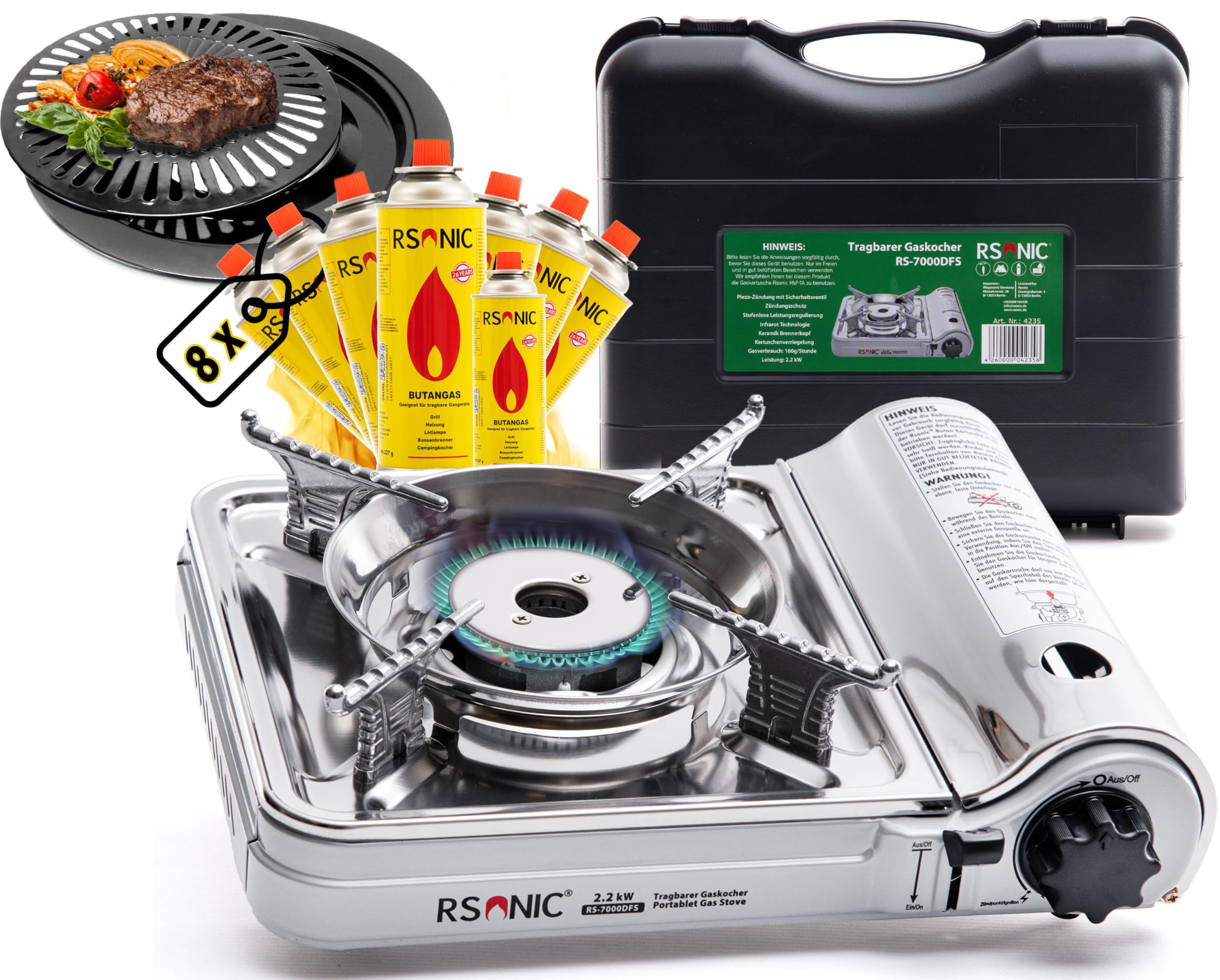 Rsonic 7000DFS Mini Gaskocher Slim Campingkocher Set mit Gaskartuschen Grillplatte für die ...