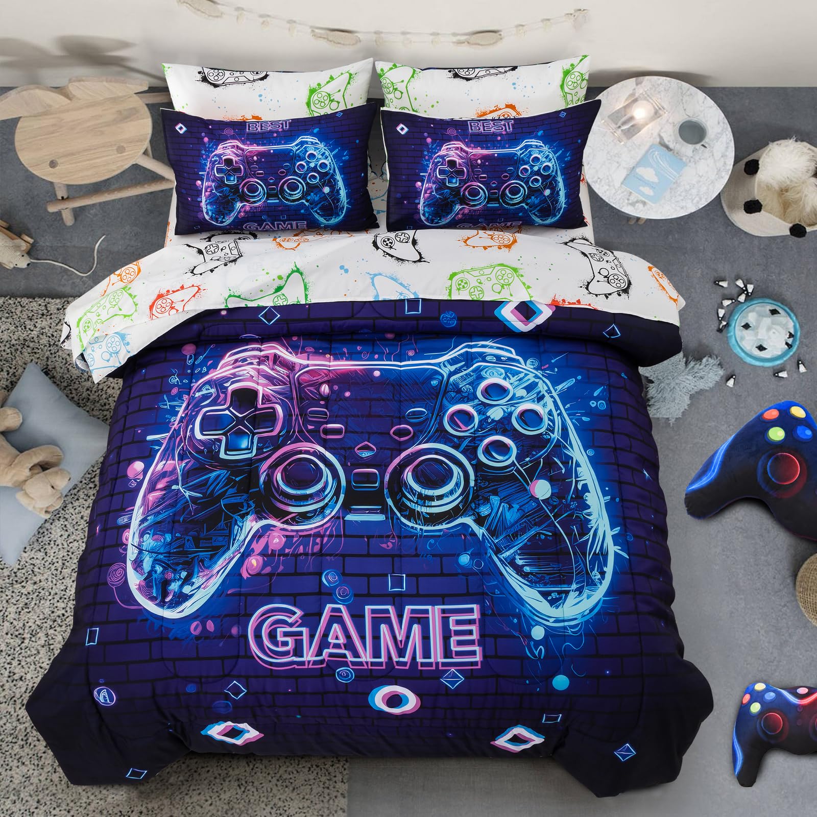 Amazon.com: A Nice Night 5Pcs Gaming Comforter Set,Blue Purple 3D Game ...