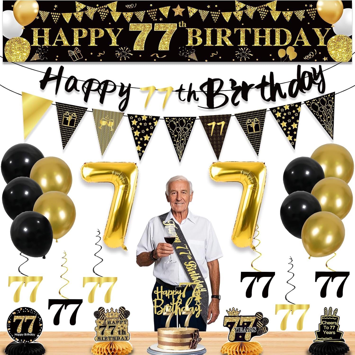 Amazon.com: 27pcs 77th Birthday Decorations for Men,Black Gold 77th ...