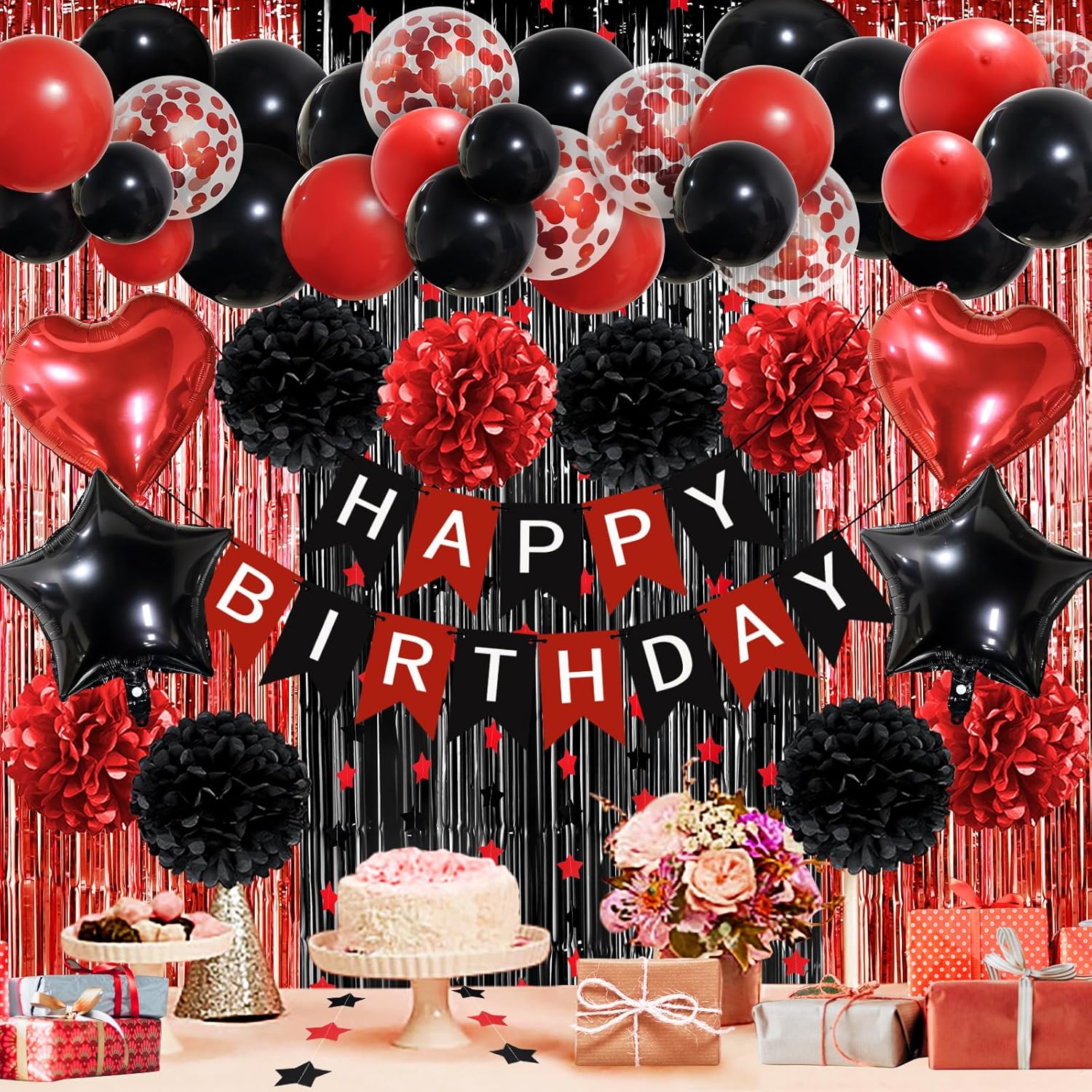 Amazon.com: ZERODECO Red Black Birthday Party Decorations, Happy ...