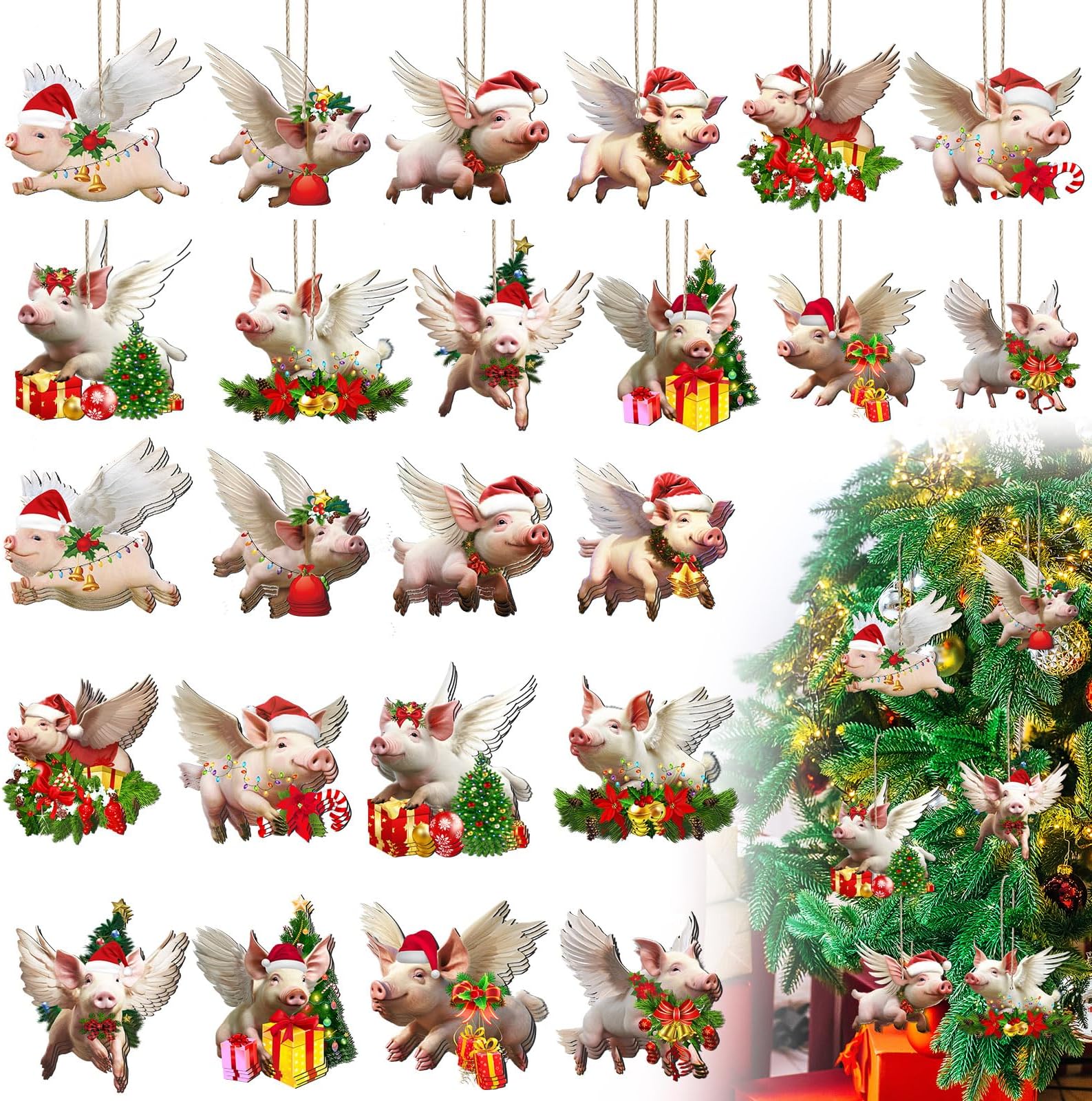 Amazon.com: Soaoo 48 Pcs Christmas Flying Pig Ornaments Wooden Pig for ...