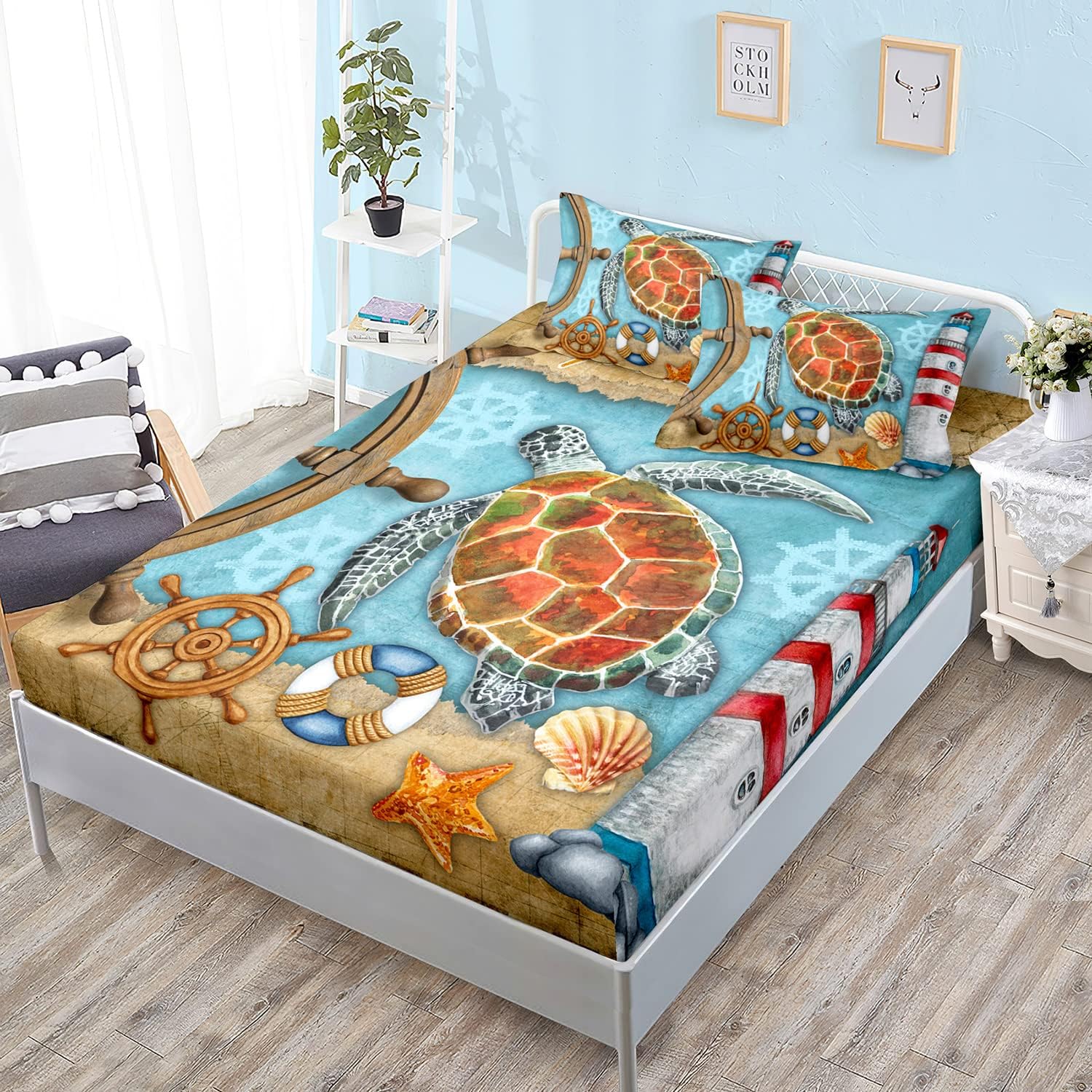 Amazon.com: HOSIMA Sea Turtle Twin Sheet Set, Lighthouse Rudder ...