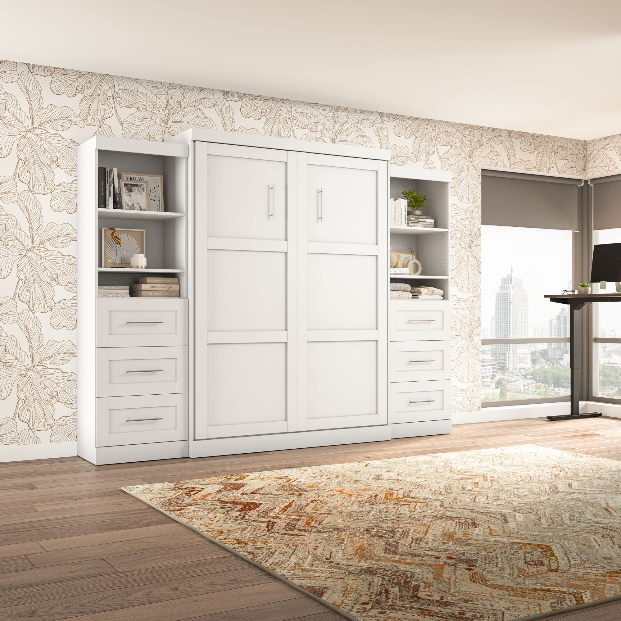 BESTAR Pur Queen Murphy Bed and 2 Shelving Units with Drawers, 115-inch ...